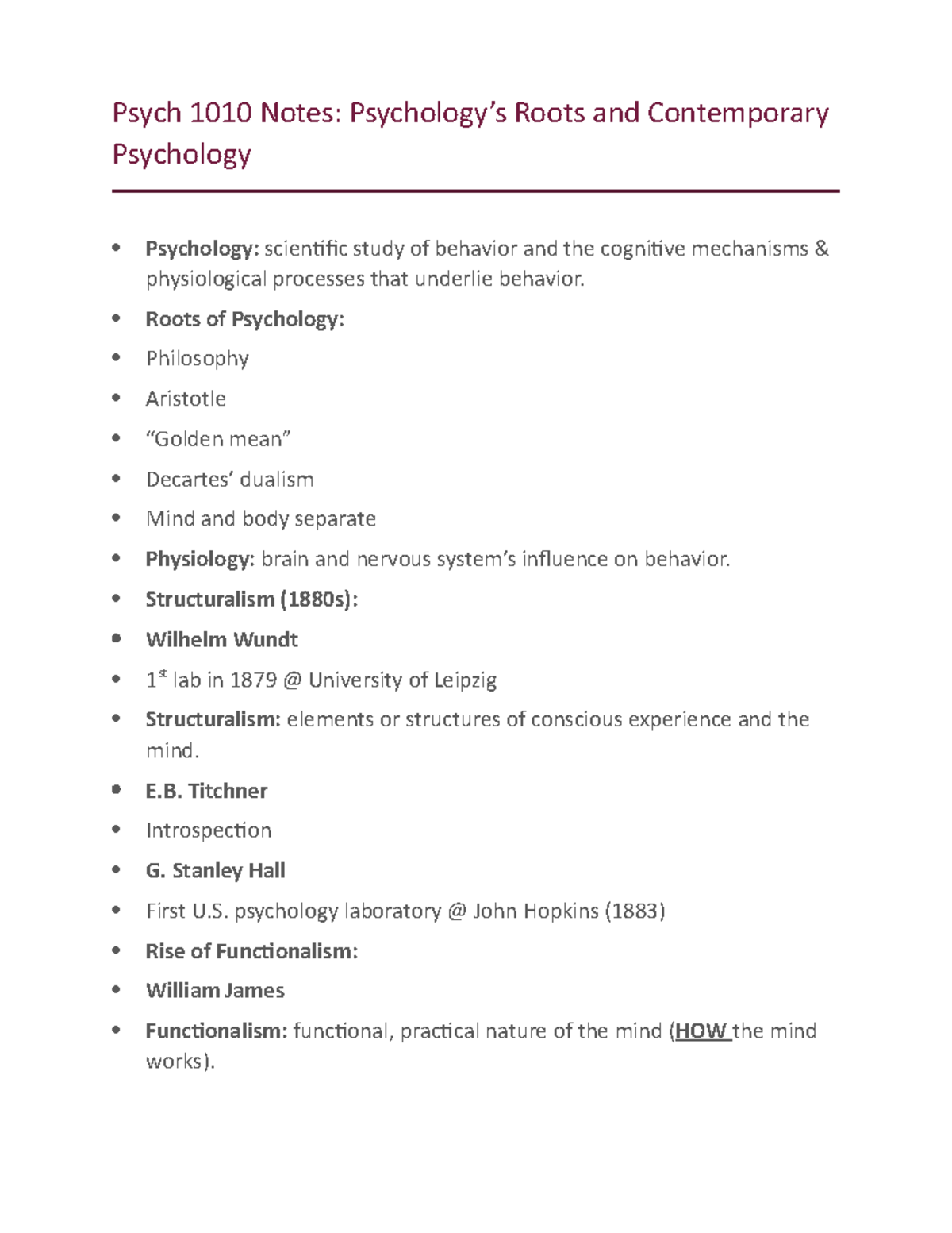 Psych 1010 Notes Roots of Psychology and Contemporary Psychology ...