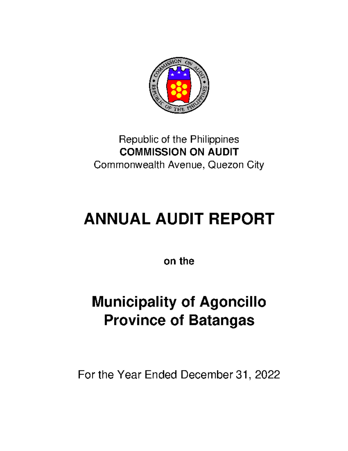 Agoncillo 2022 Audit Report - Republic of the Philippines COMMISSION ON ...
