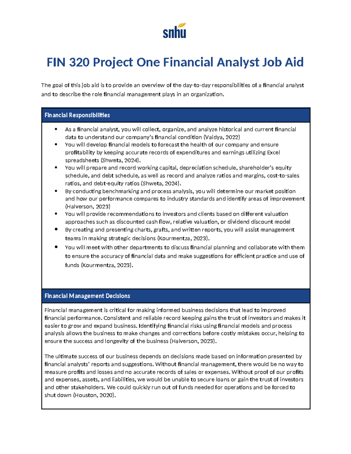 FIN 320 Project One Financial Analyst Job Aid - Financial ...