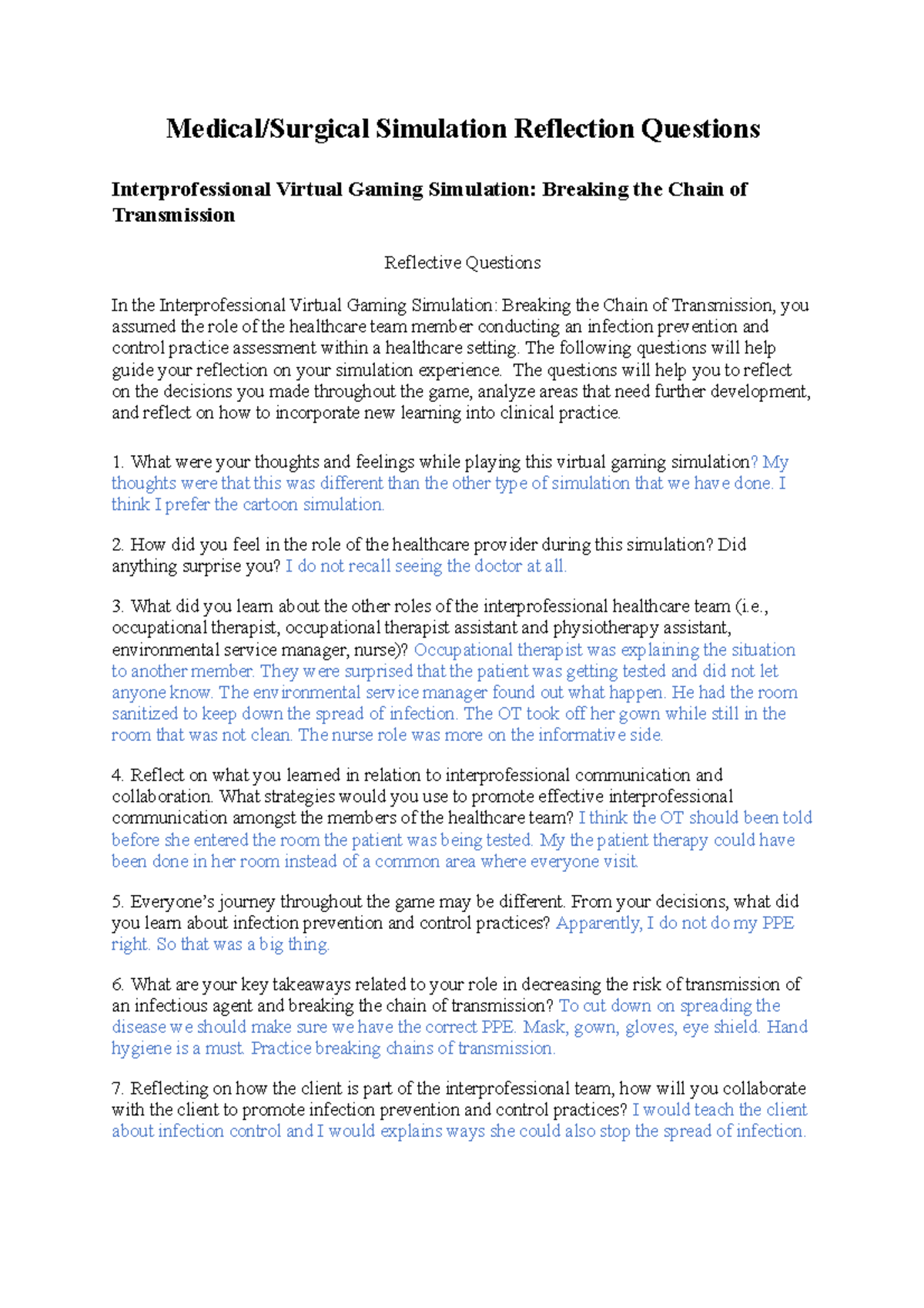 Medical-Surgical Reflection Questions - Medical/Surgical Simulation ...