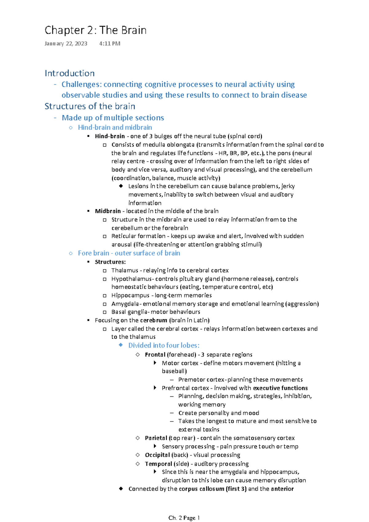 Chapter 2 The Brain - Textbook Notes - Second Canadian Edition ...