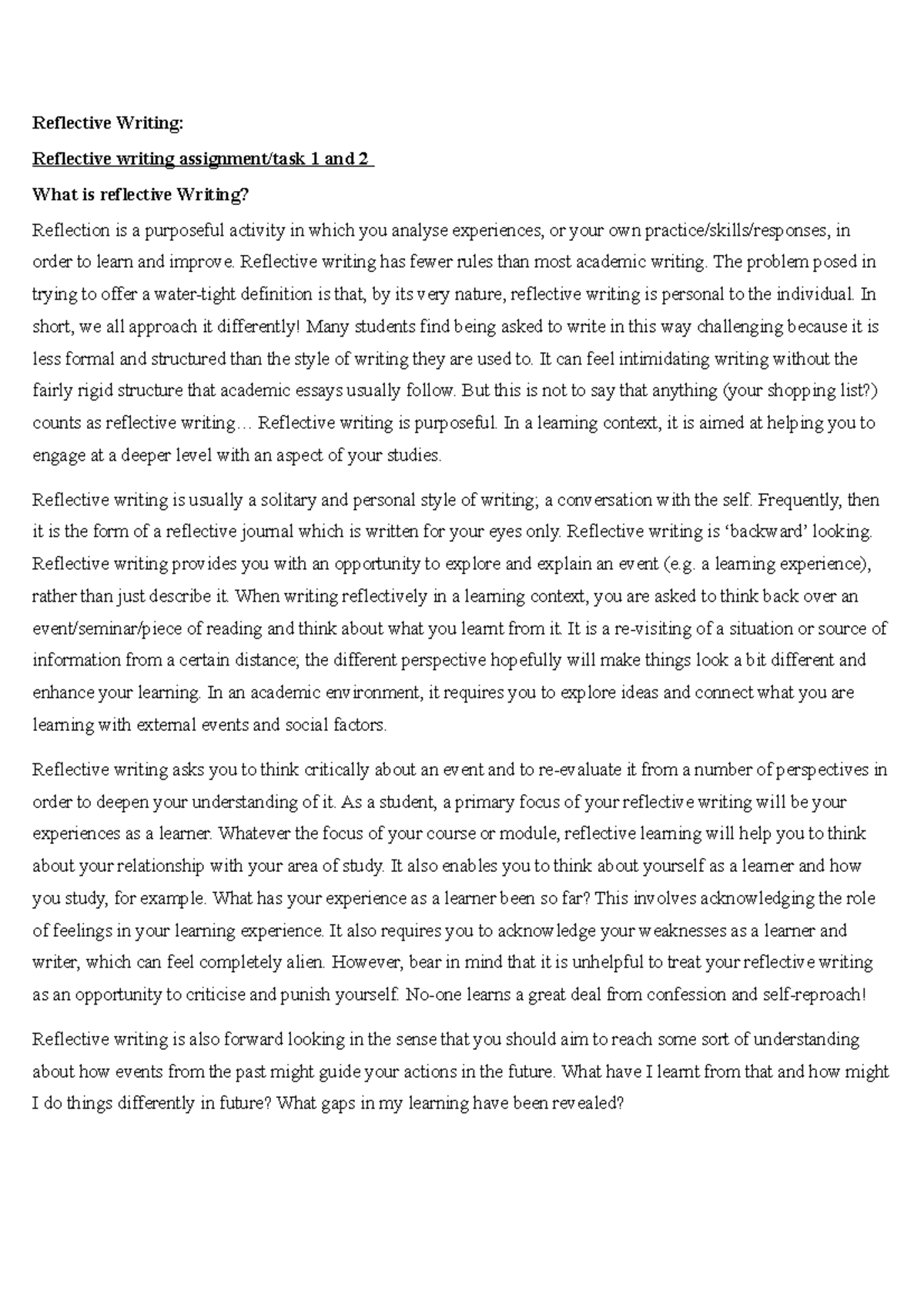 Reflective writing semester 2 - Reflective Writing: Reflective writing ...