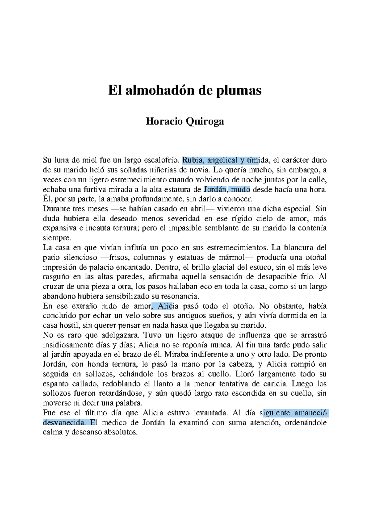 Almohadón de plumas-Horacio Quiroga-Cuento corto-Literatura ...
