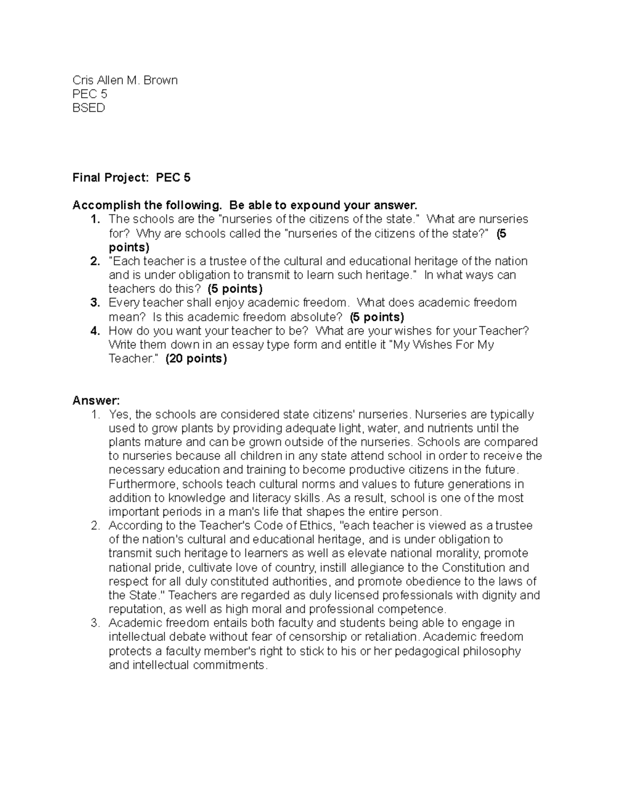 Final Project PEC 5 - Cris Allen M. Brown PEC 5 BSED Final Project: PEC ...