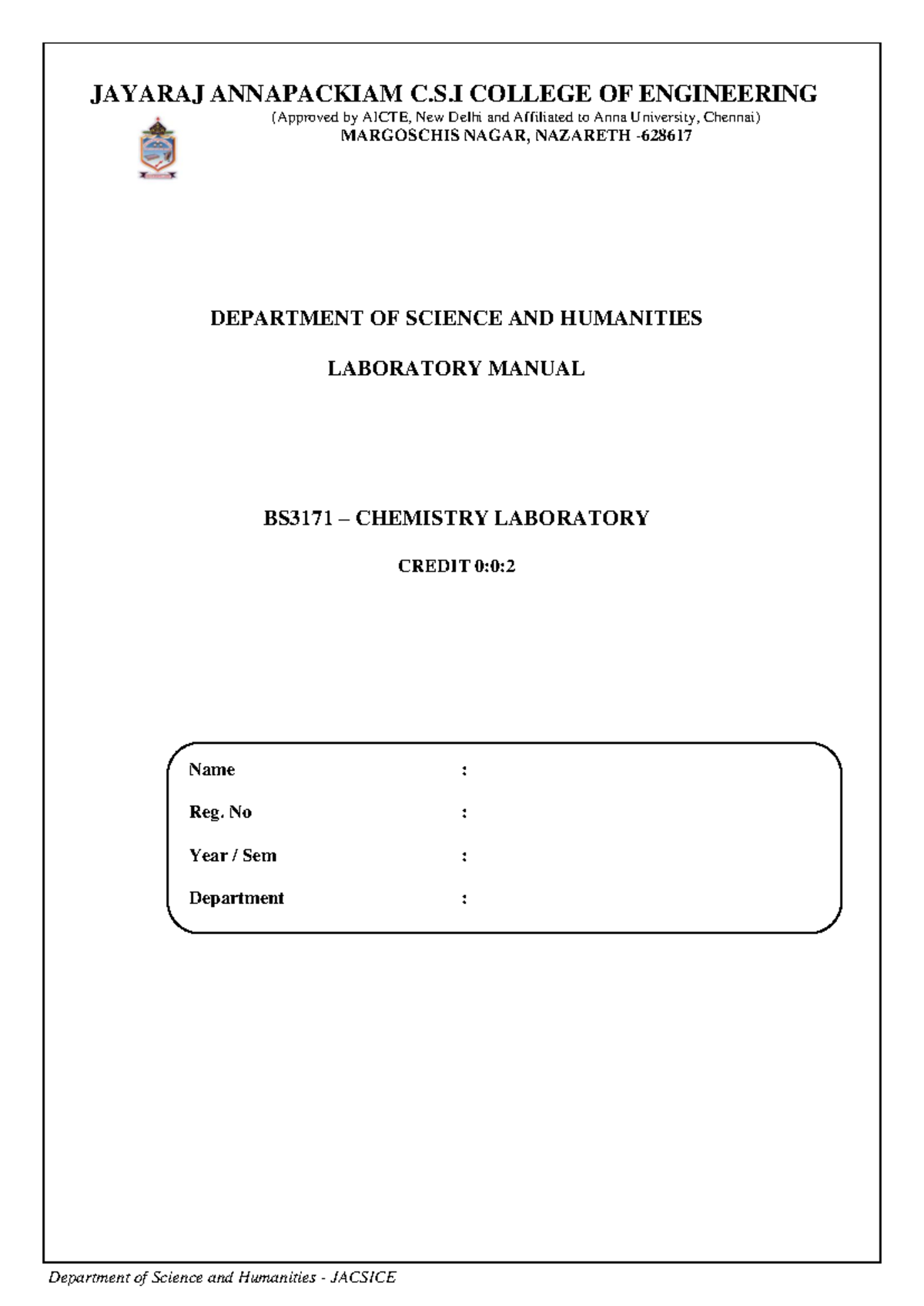 Chemistry LAB Manuel CSE - JAYARAJ ANNAPACKIAM C.S COLLEGE OF ...