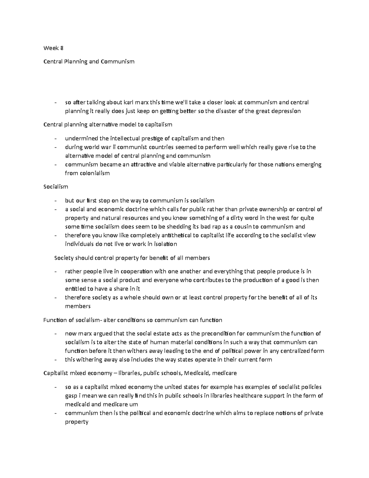 Week 8 - Central Planning and Communism and Corporations - Week 8 ...
