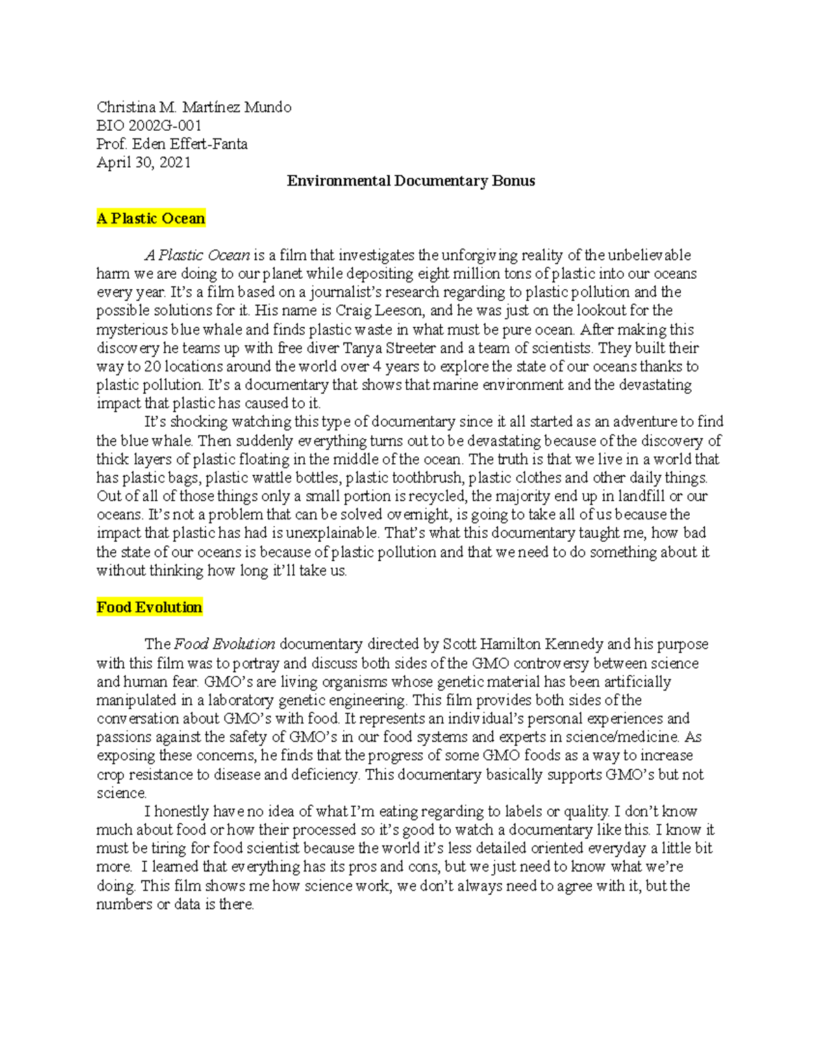 Environmental Documentary Bonus Assignment - Christina M. Martínez ...