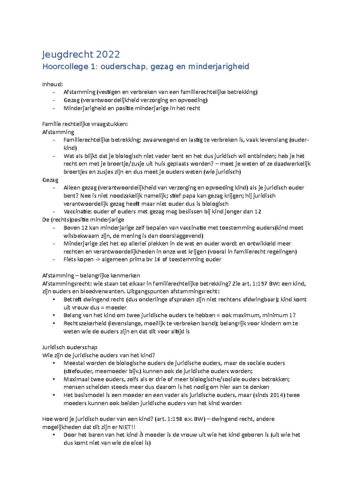 Jeugdrecht 2022 - Jeugdrecht 2022 Hoorcollege 1: ouderschap, gezag en ...