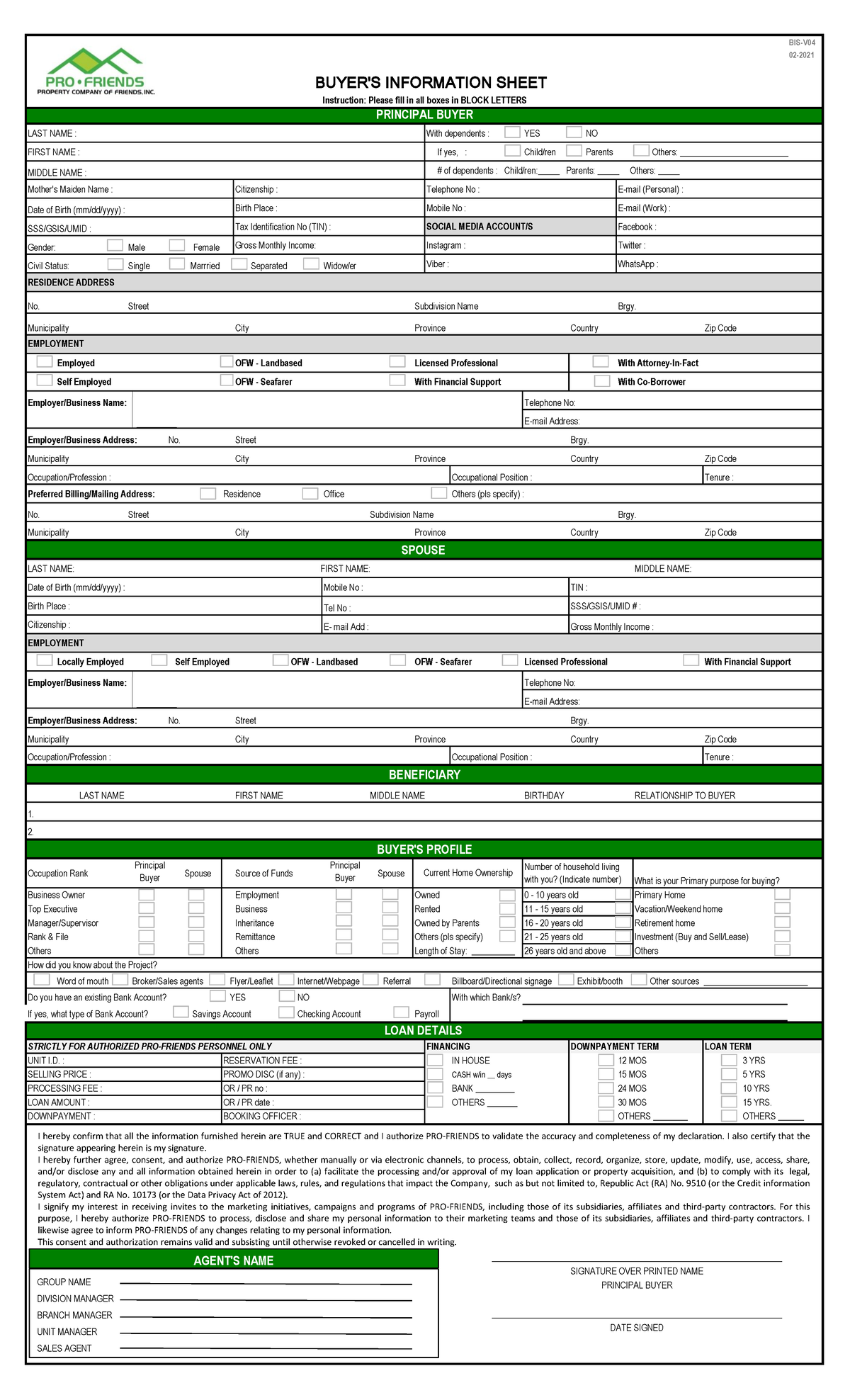 Buyers Information Sheet BIS 2021 - BIS-V 02- LAST NAME : With dependents : YES NO FIRST NAME ...