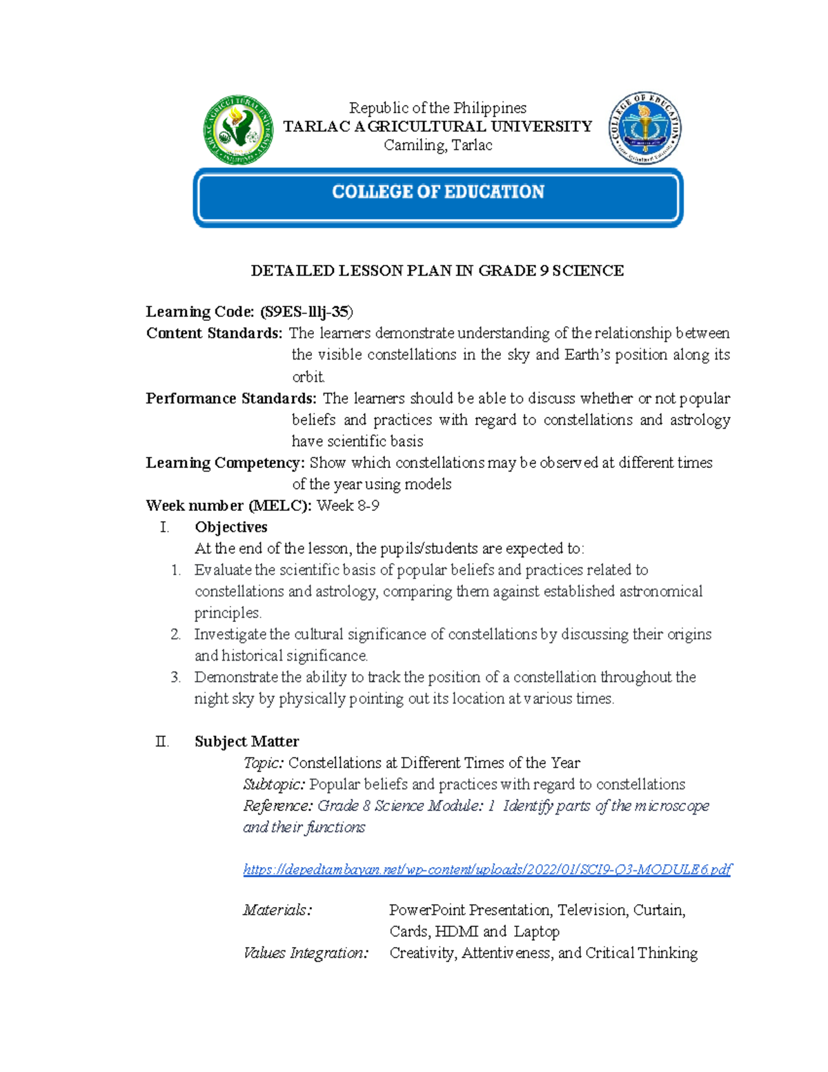 Contellations DEMO-DLP - Republic of the Philippines TARLAC AGRICULTURAL UNIVERSITY Camiling ...
