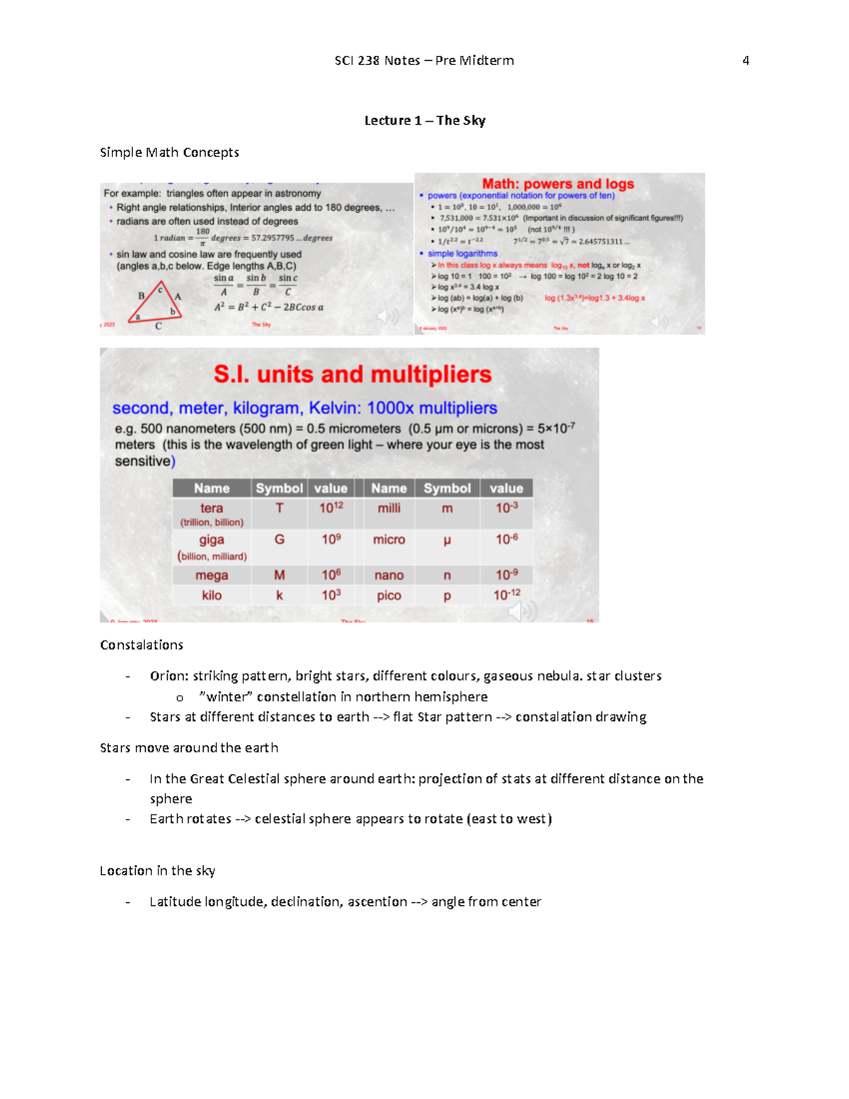 Pre-Midterm SCI 238 Notes - Lecture 1 – The Sky Simple Math Concepts ...