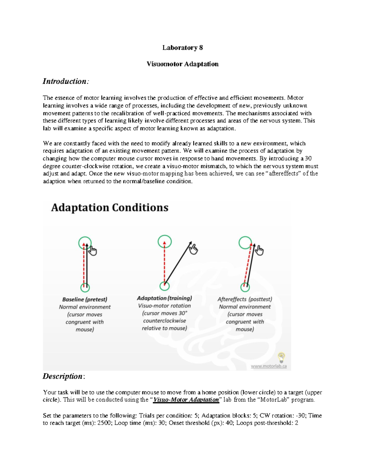 8 Laboratory 8 - KINE 3020 LAB OUTLINE - Laboratory 8 Visuomotor ...