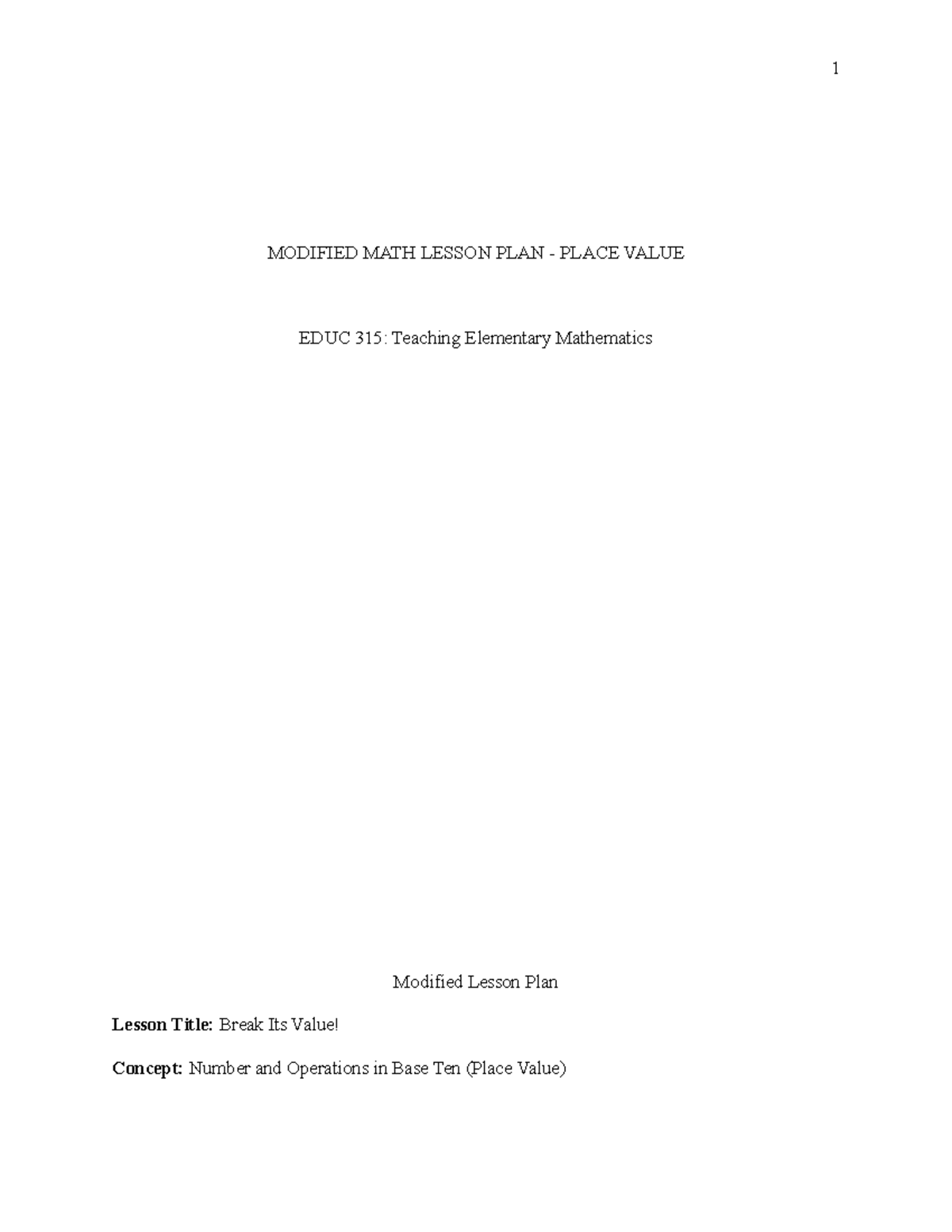 Modified Lesson Plan-EDUC 315 - MODIFIED MATH LESSON PLAN - PLACE VALUE ...