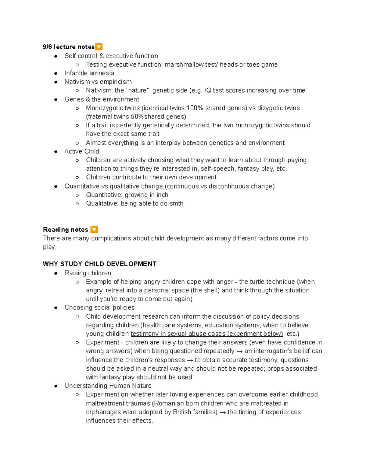 An Introduction to Child Development - 9/6 lecture notes🔽 Self control ...