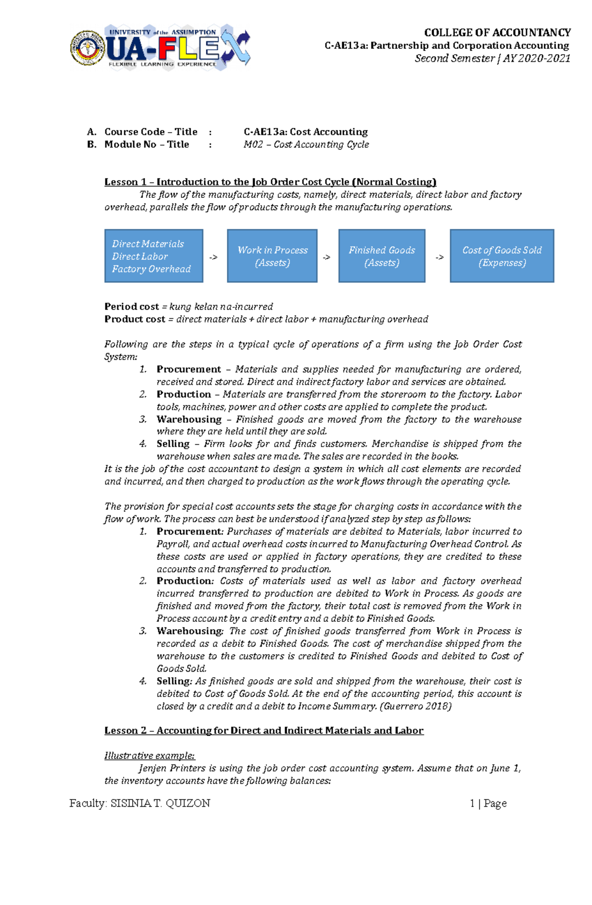 COST ACCOUNTING MOD 2 LECTURE PRELIM - A. Course Code – Title : C-AE13a ...