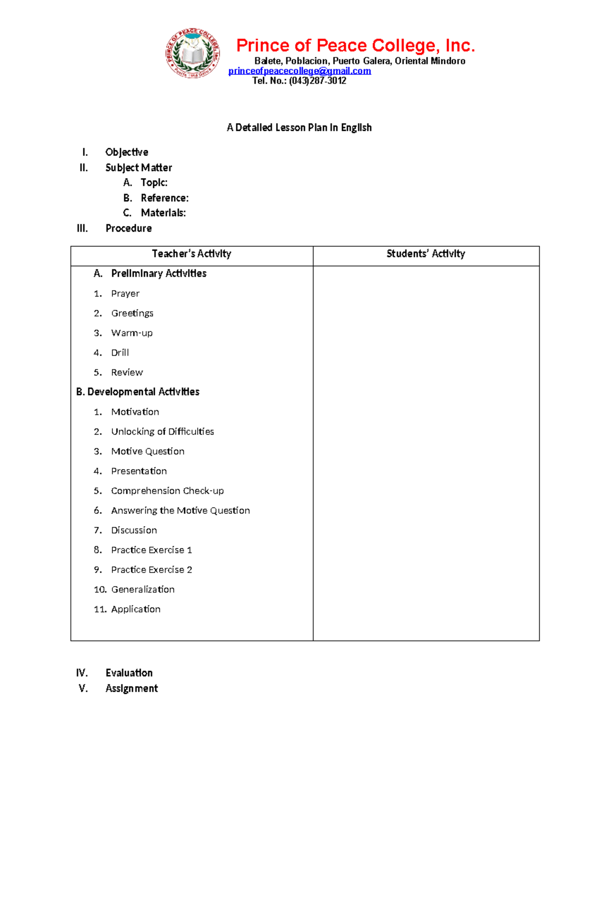 Format IN Lesson PLAN IN English - Prince of Peace College, Inc. Balete ...