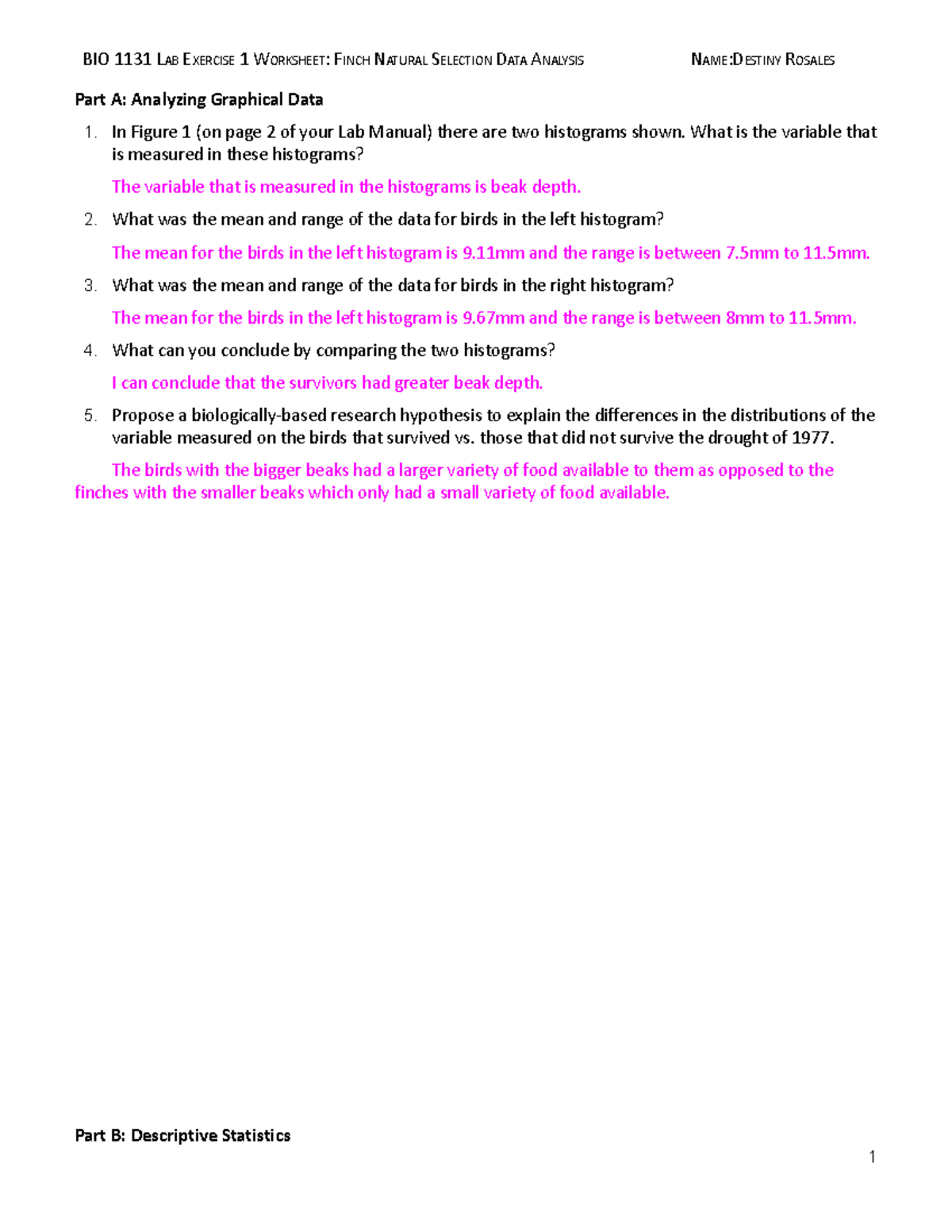 SP 23 Lab 1 Finch Evolution Worksheet (1) - Part A: Analyzing Graphical ...