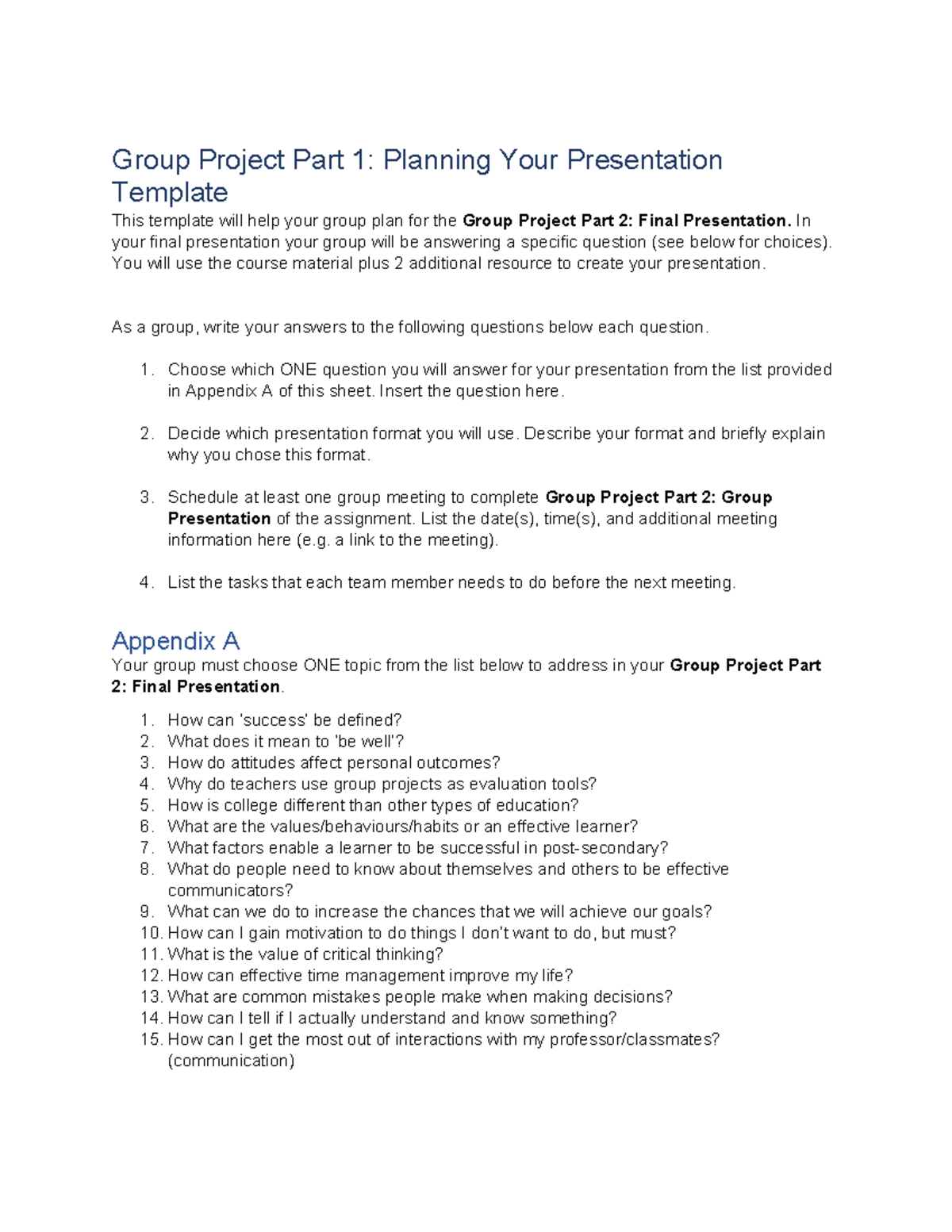 Group Project Planning Your Part2 Template - Group Project Part 1 ...