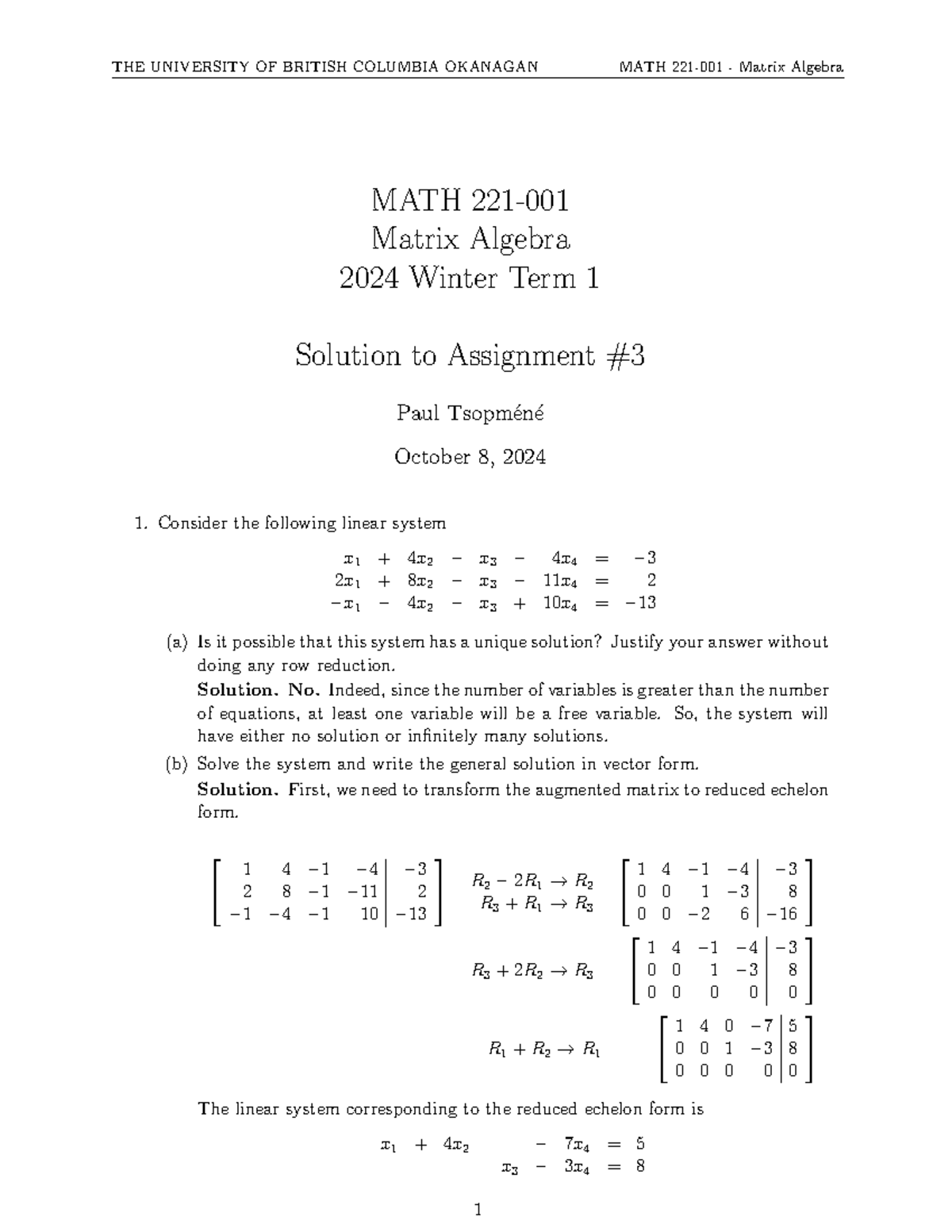 Solution MATH 221 Assignment #3 W2024T1 - MATH 221- Matrix Algebra 2024 Winter Term 1 Solution ...