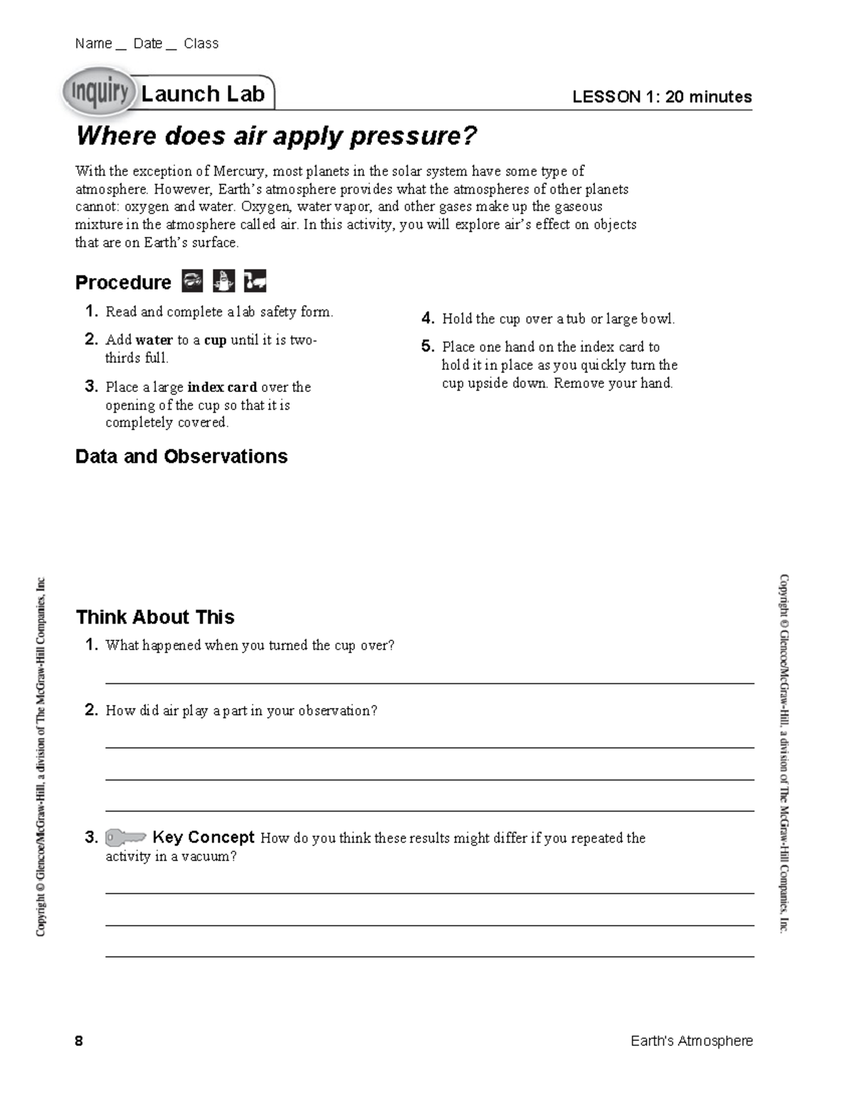 Atmosphere chapter 12 section 1 - LESSON 1: 20 minutes Where does air ...