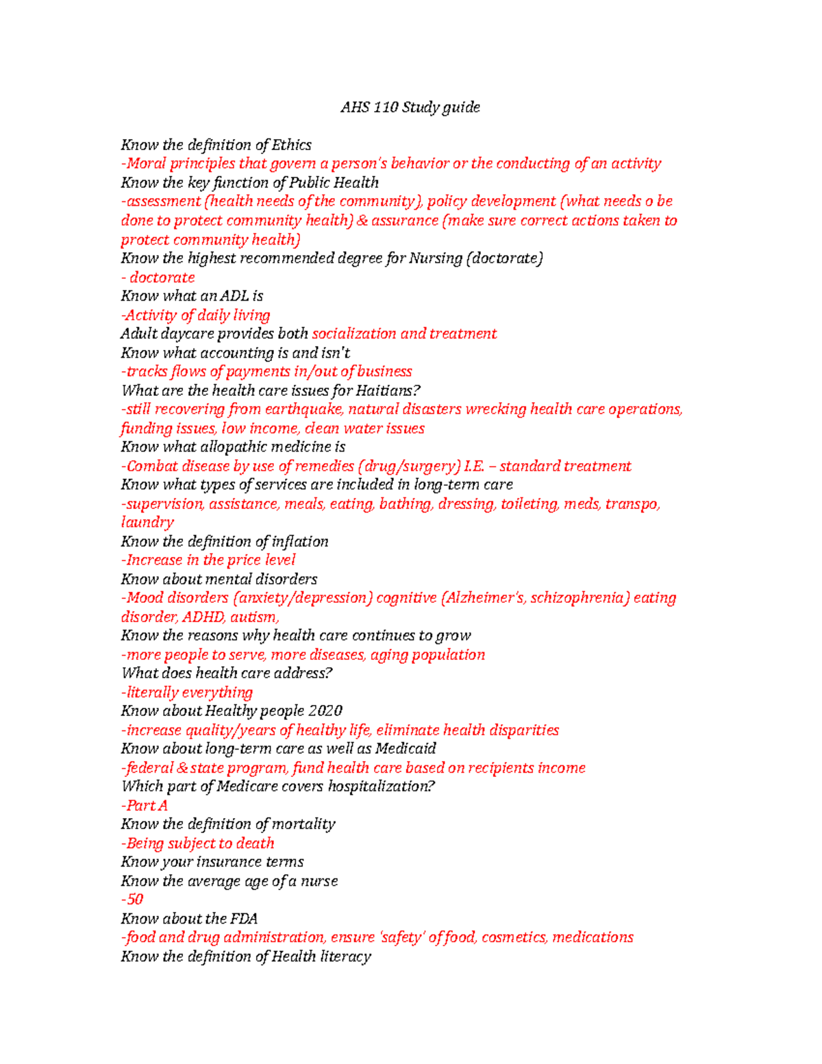 AHS 110 Final - AHS 110 Study guide Know the definition of Ethics ...