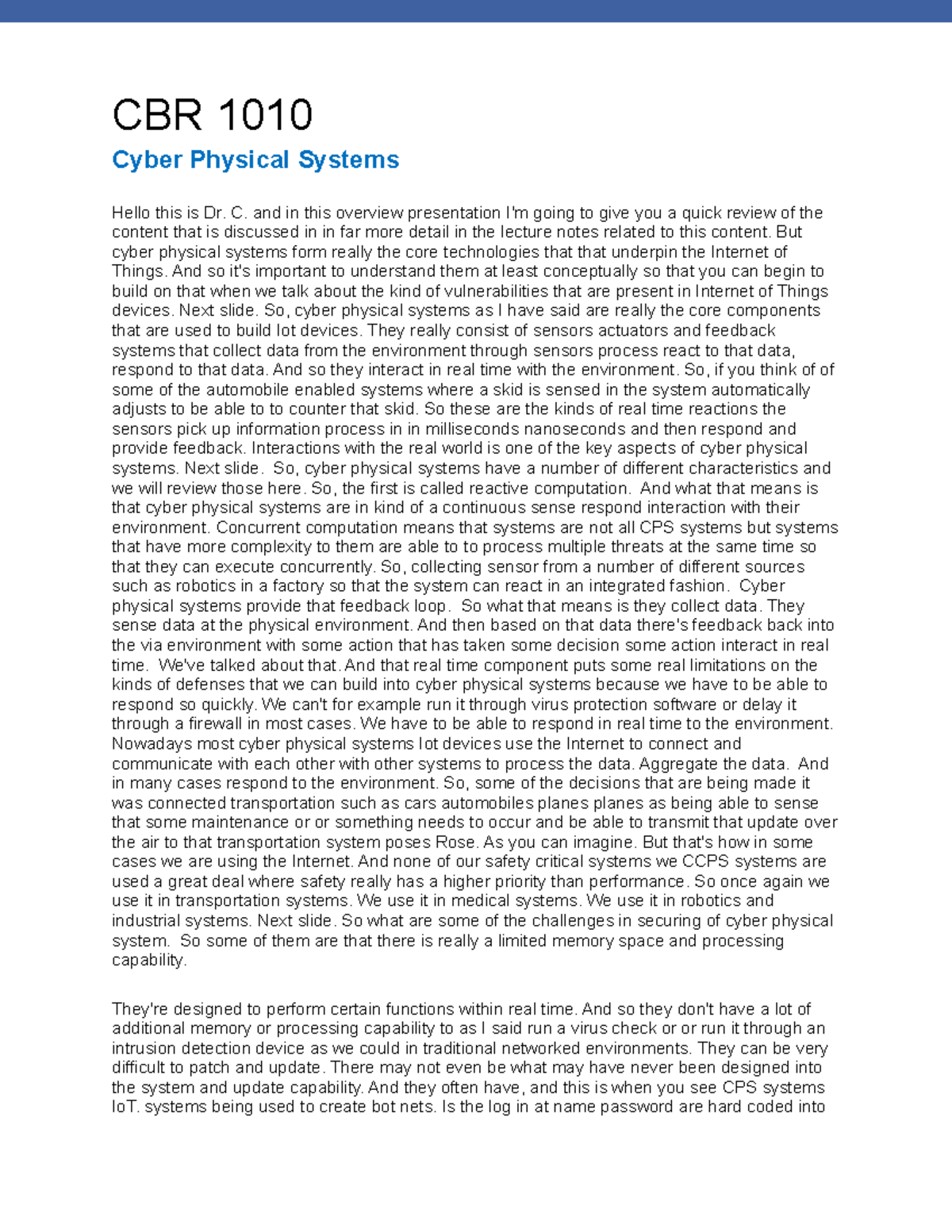 CBR 1010 - Cyber Physical Systems - ? CBR 1010 Cyber Physical Systems ...