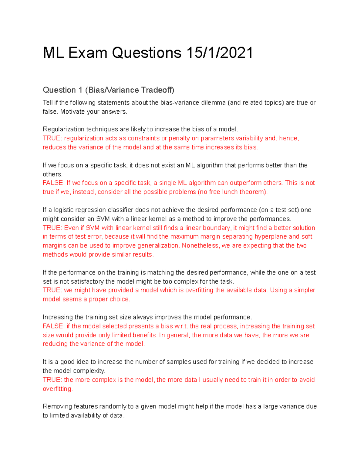 ML Exam 15 01 2021 Questions - ML Exam Questions 15/1/ Question 1 (Bias ...