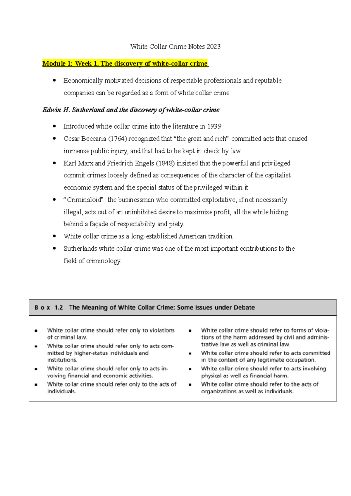 White Collar Crime Notes 2023 - Sutherland and the discovery of white ...