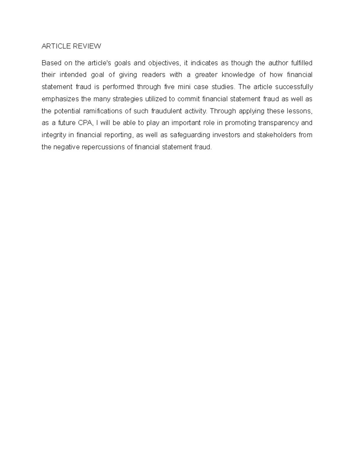 1.3 Article Review - ARTICLE REVIEW Based on the article's goals and ...