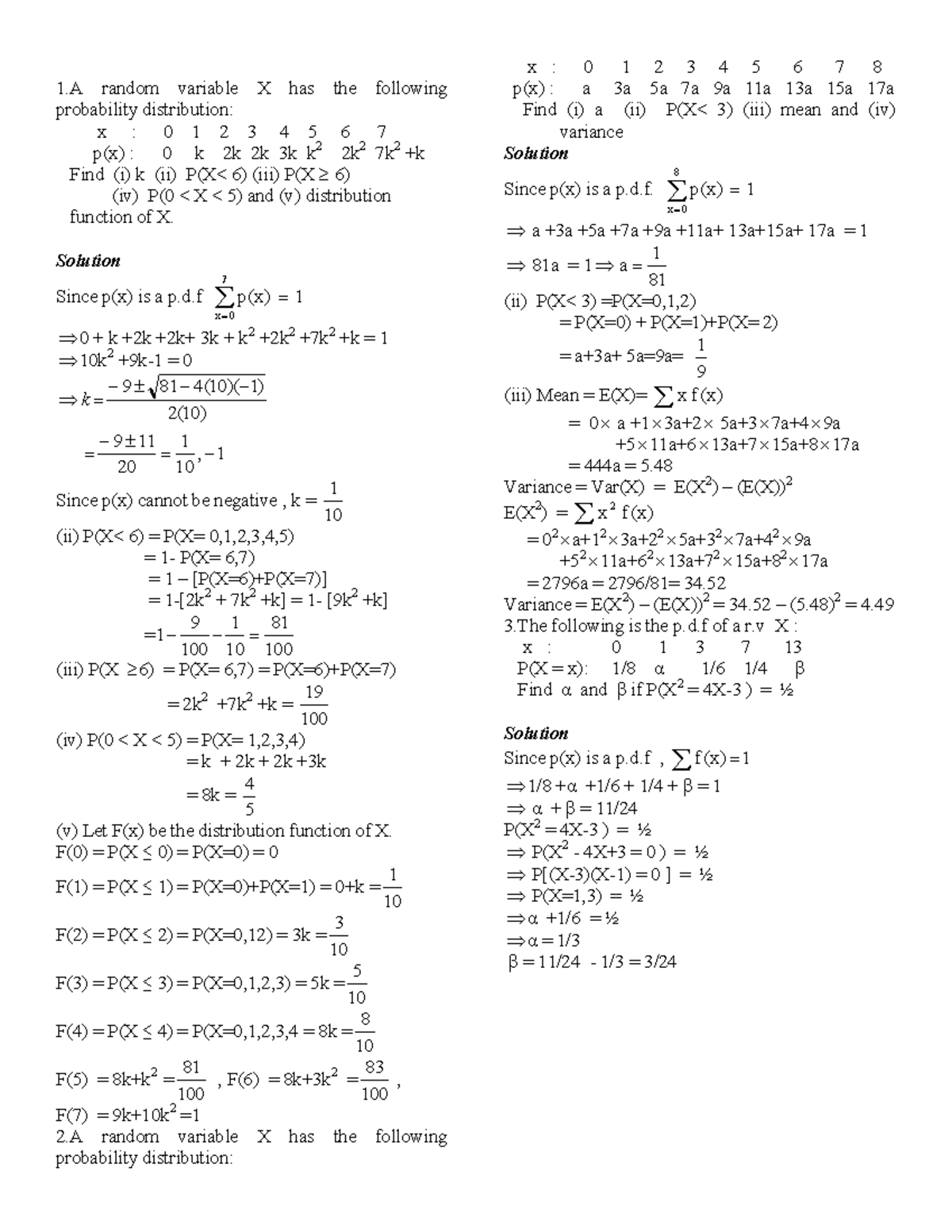 Mean and variance - Brief lecture notes - 1 random variable X has the ...