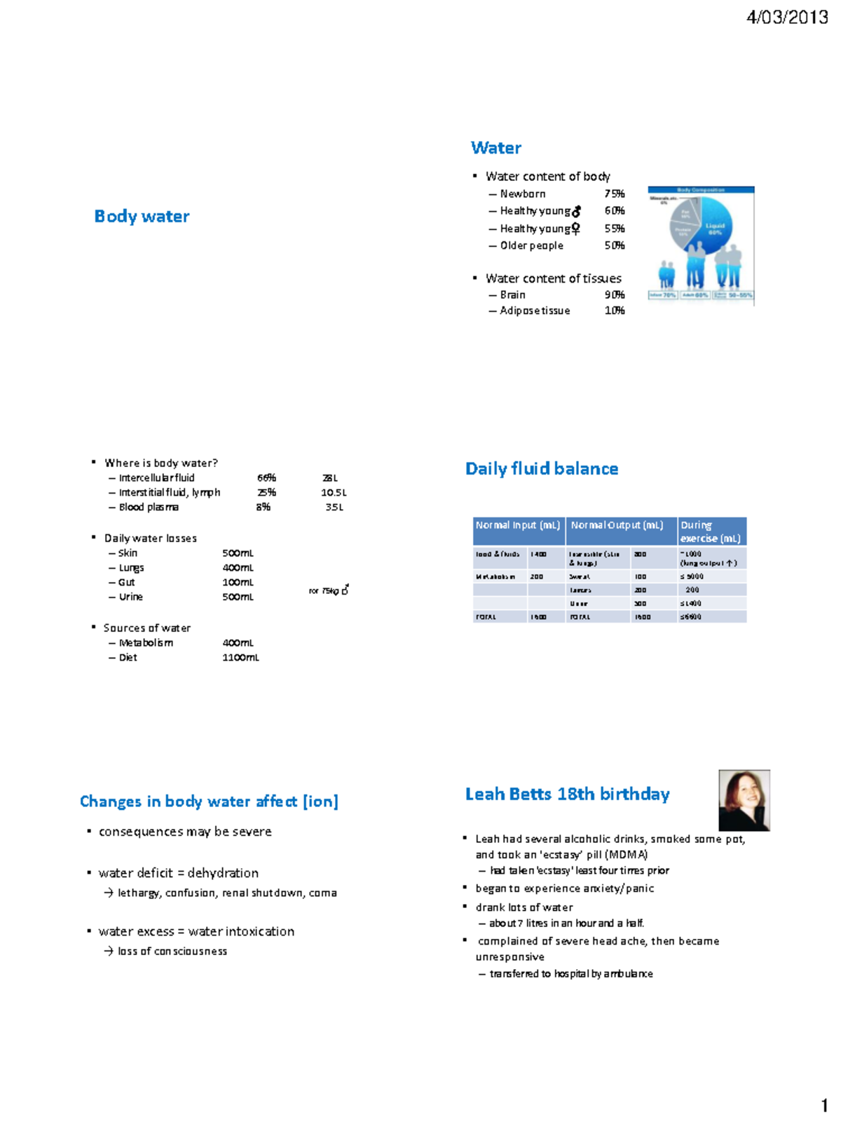 Lecture notes, lecture 3 - Body water - Body water Water • Water ...