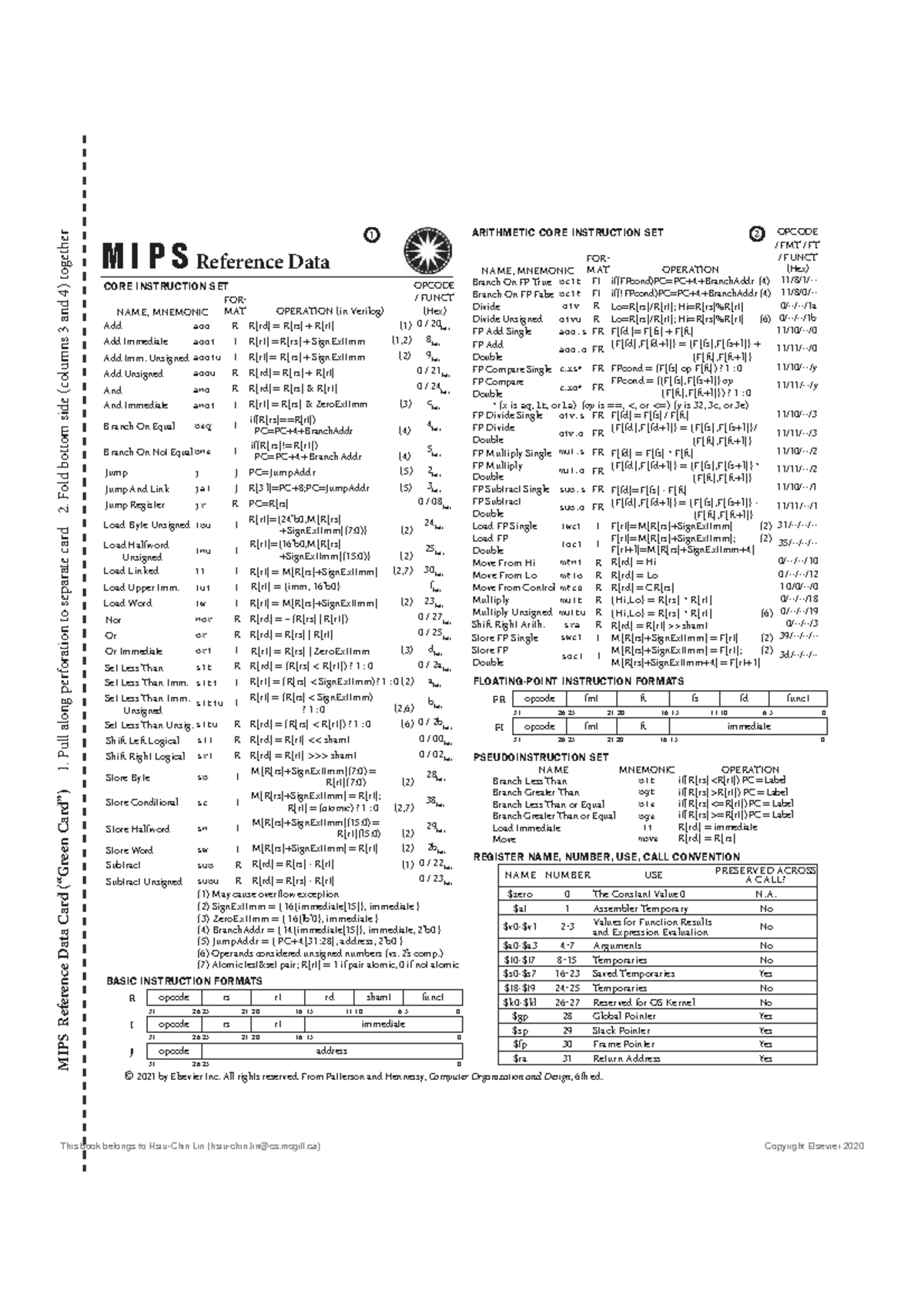 MIPS-reference-card_sheet.pdf_fall_2021_comp_273: Introduction to Computer Systems - Add Add ...