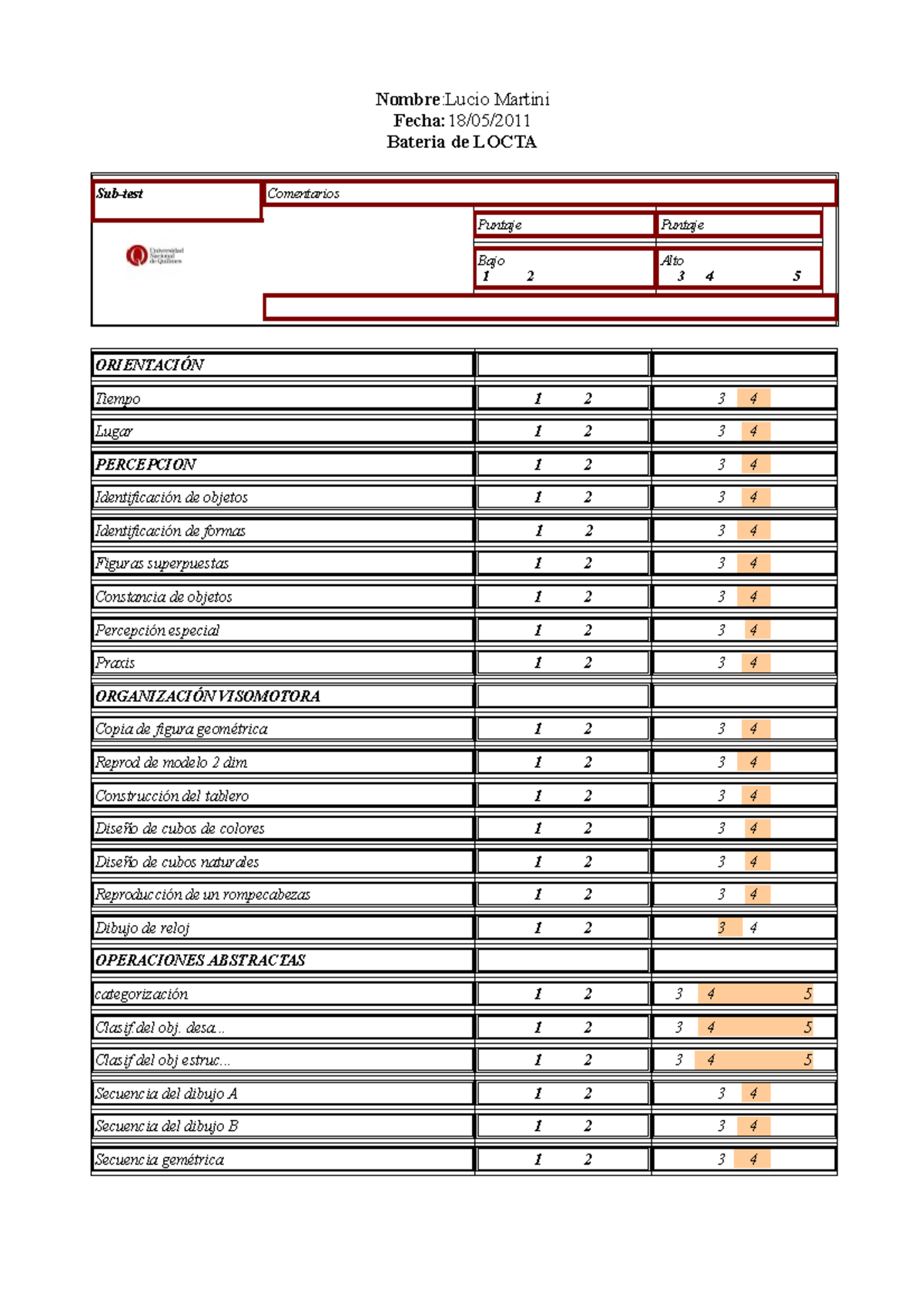 55771725 Evaluacion de Lotca - Nombre:Lucio Martini Bateria de LOCTA ...