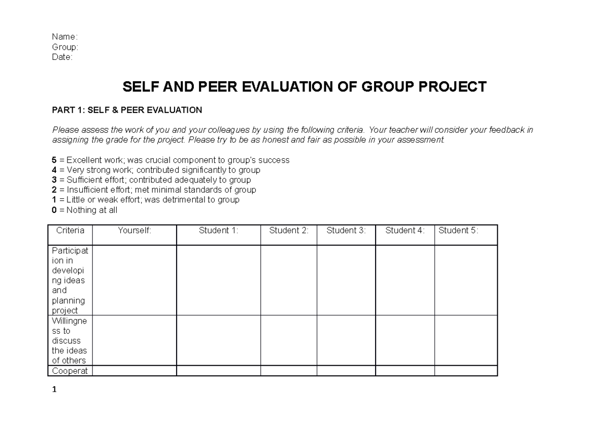 SELF AND PEER Evaluation OF Group Project Group 1docx 1 - Name: Group ...