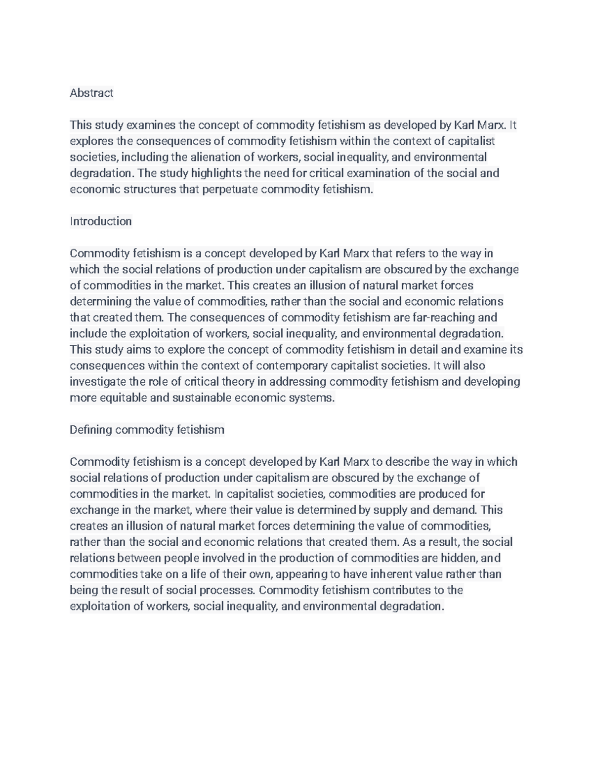 Commodity fetishism assignment - Abstract This study examines the ...