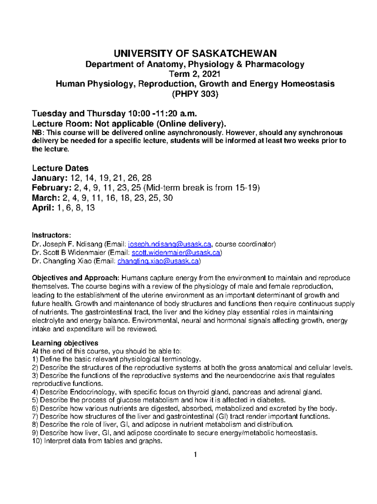 PHPY 303 Course Outline - 1 UNIVERSITY OF SASKATCHEWAN Department of ...