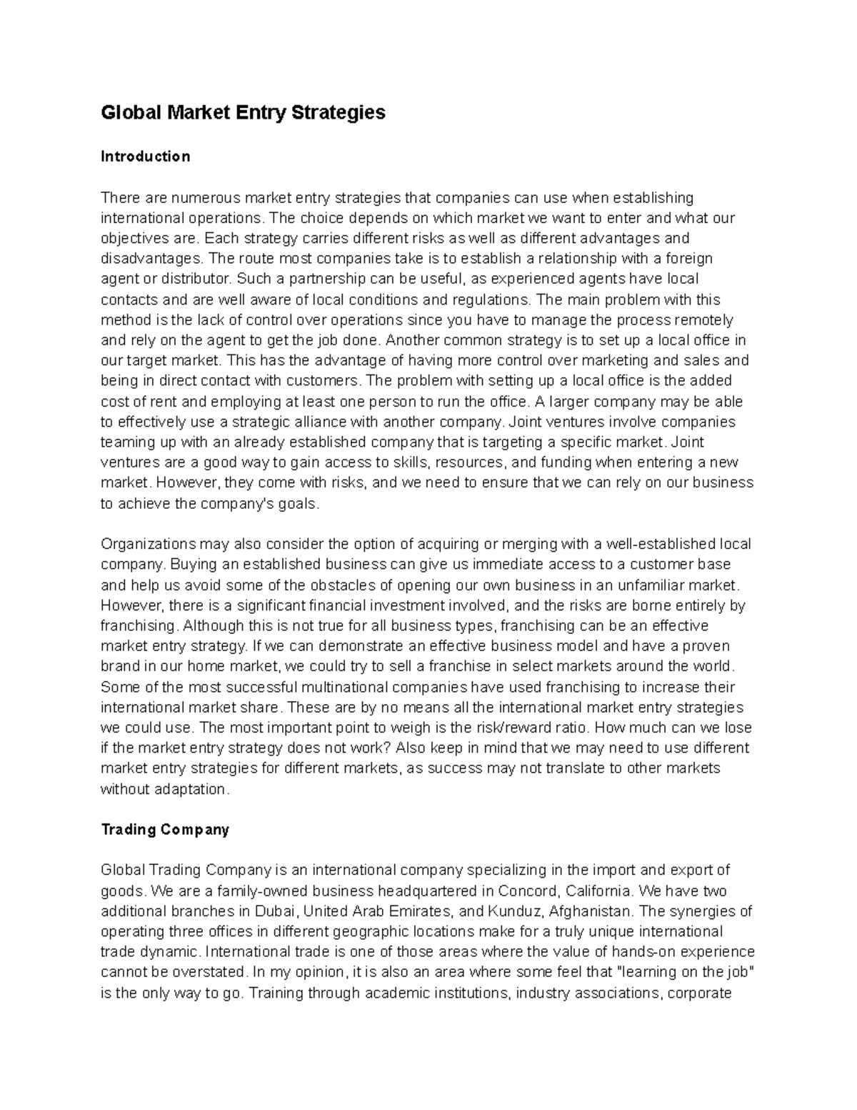 Global Market Entry Strategies - Global Market Entry Strategies ...