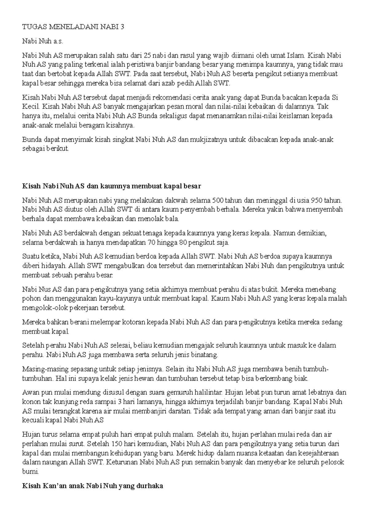 Tugas Meneladani NABI 3 - TUGAS MENELADANI NABI 3 Nabi Nuh a. Nabi Nuh ...
