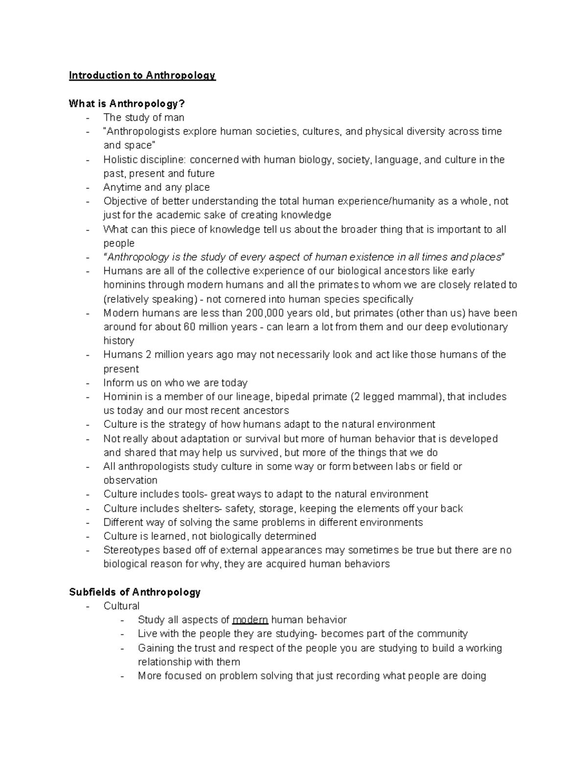 ANT2000 Section 1 Notes - Introduction to Anthropology What is ...