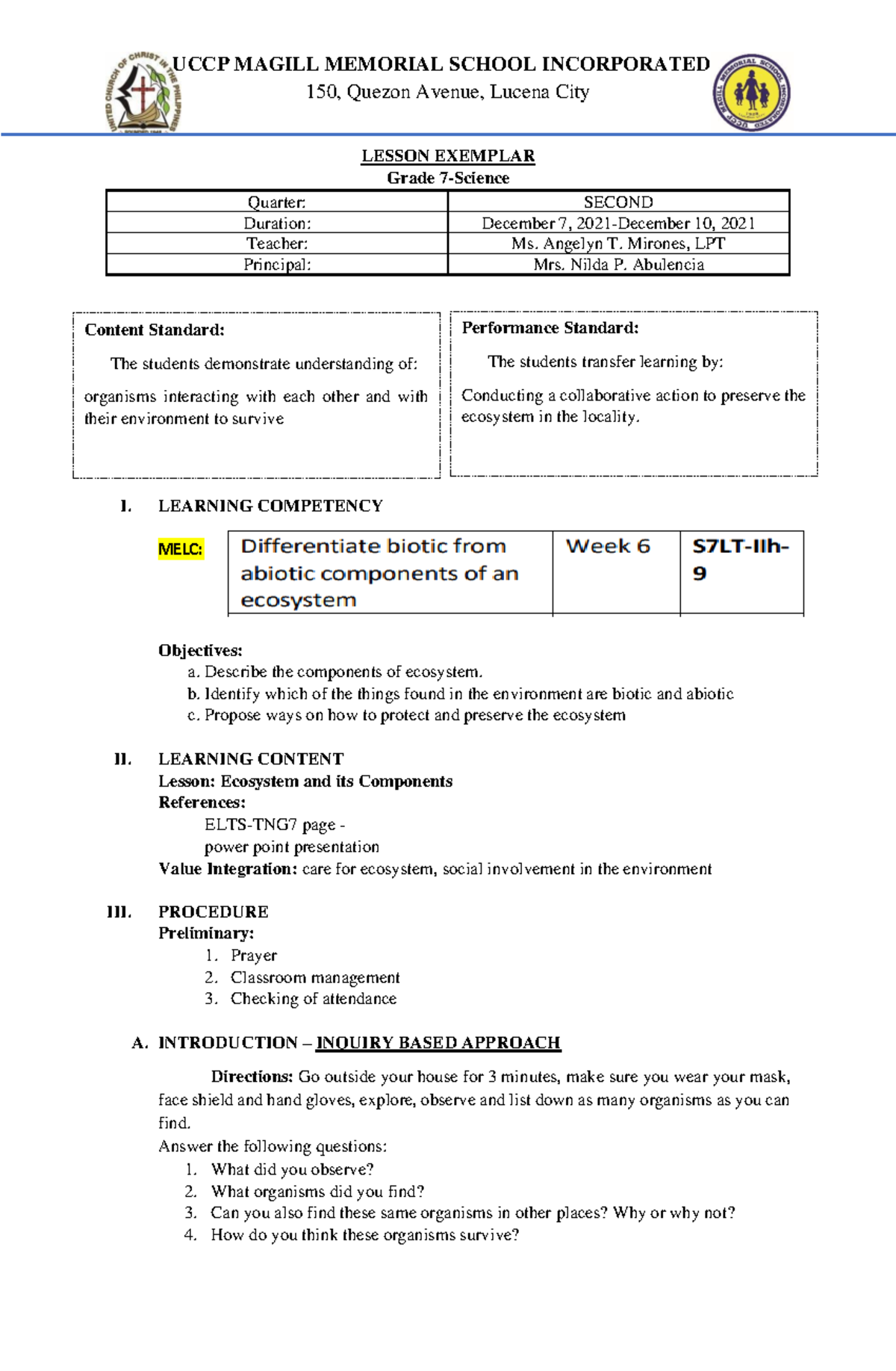 Science Lesson Exemplar - UCCP MAGILL MEMORIAL SCHOOL INCORPORATED 150 ...