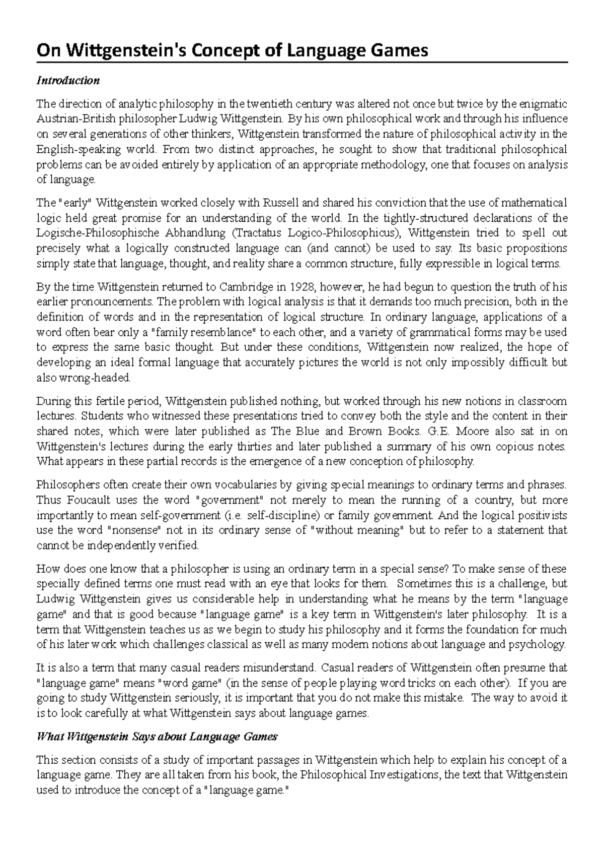 Notes on Wittgenstein and Language Games - On Wittgenstein's Concept of ...