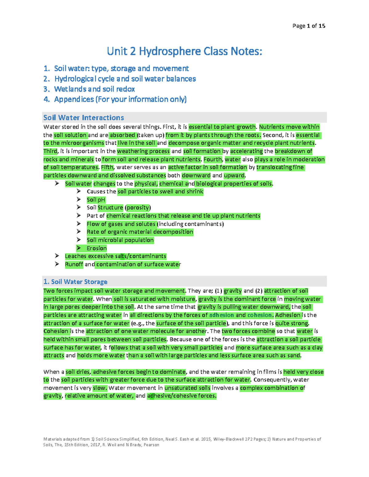 Unit 2 Hydrosphere Lecture notes - Materials adapted from 1) Soil ...