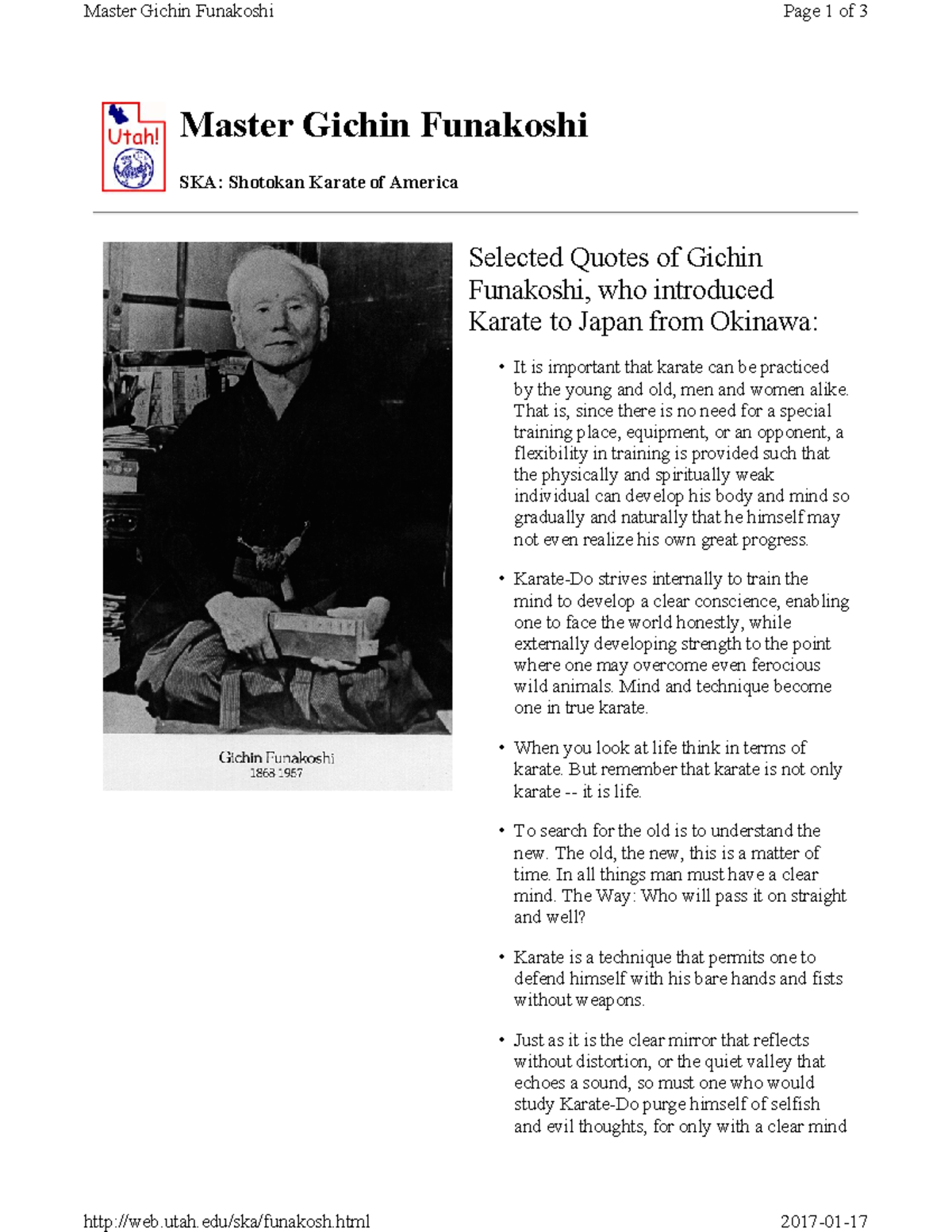Funakosh - just a little information - Master Gichin Funakoshi SKA ...