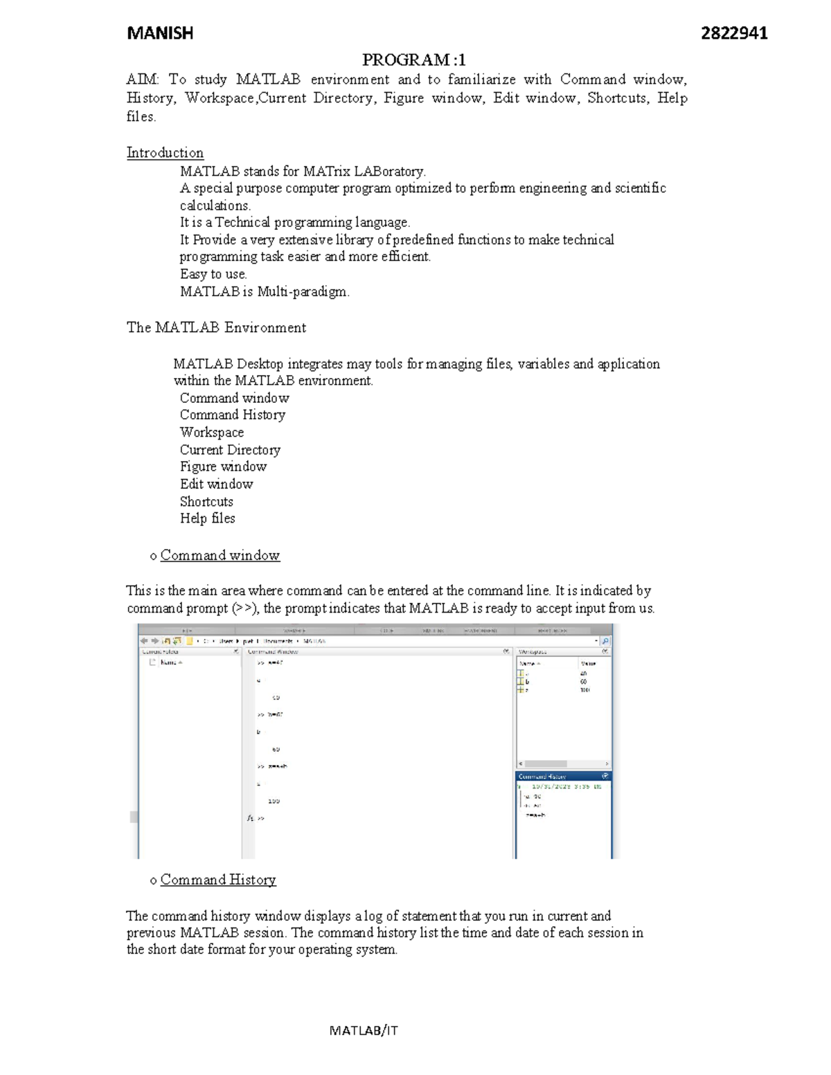 Manish matlab..pdf new - PROGRAM : AIM: To study MATLAB environment and ...