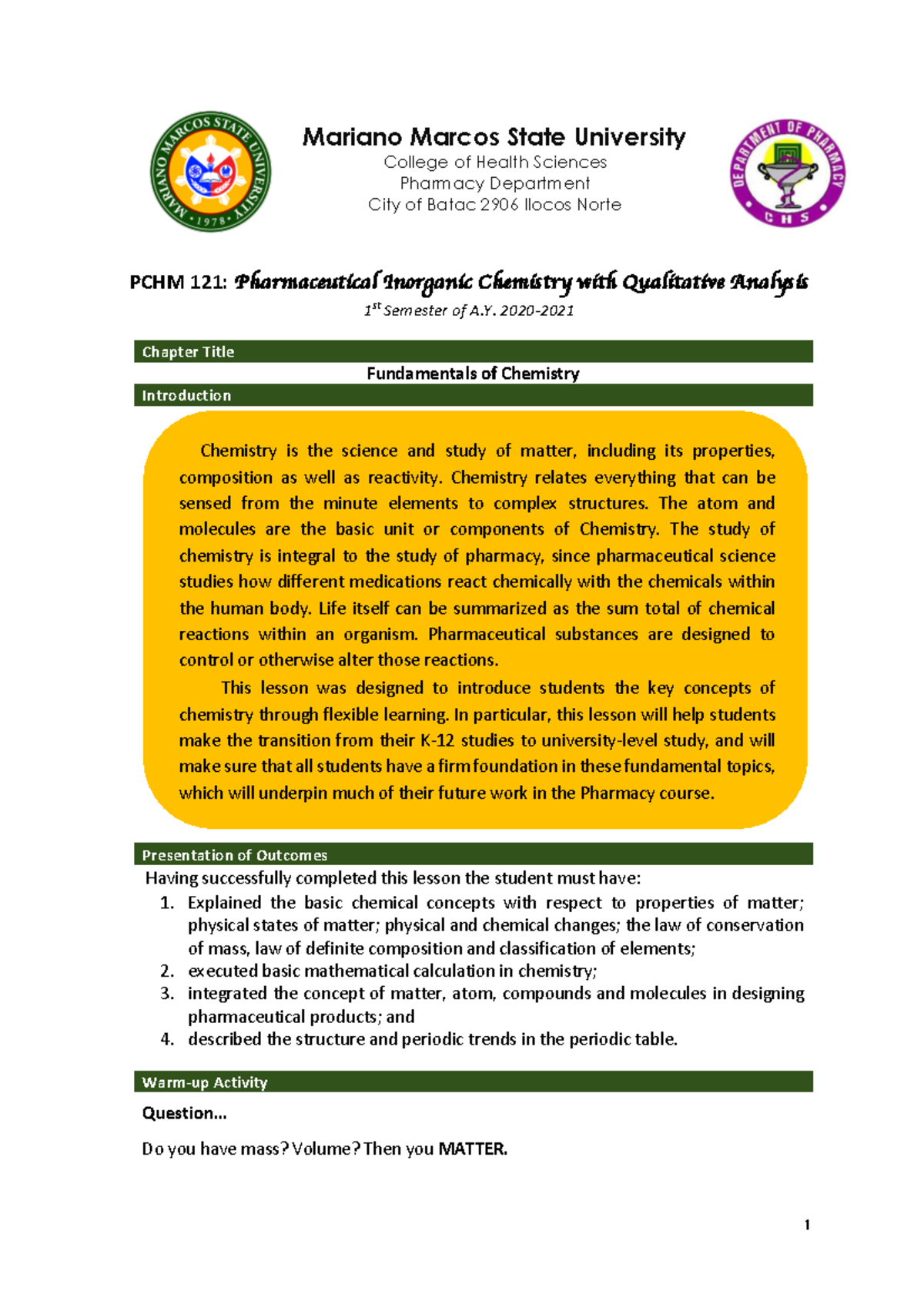 Fundamentals of Chemistry - PCHM 121: Pharmaceutical Inorganic ...