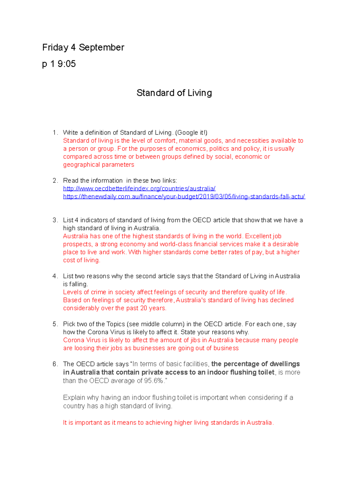 Friday 4 September Standard Of Living Worksheet Friday 4 September 