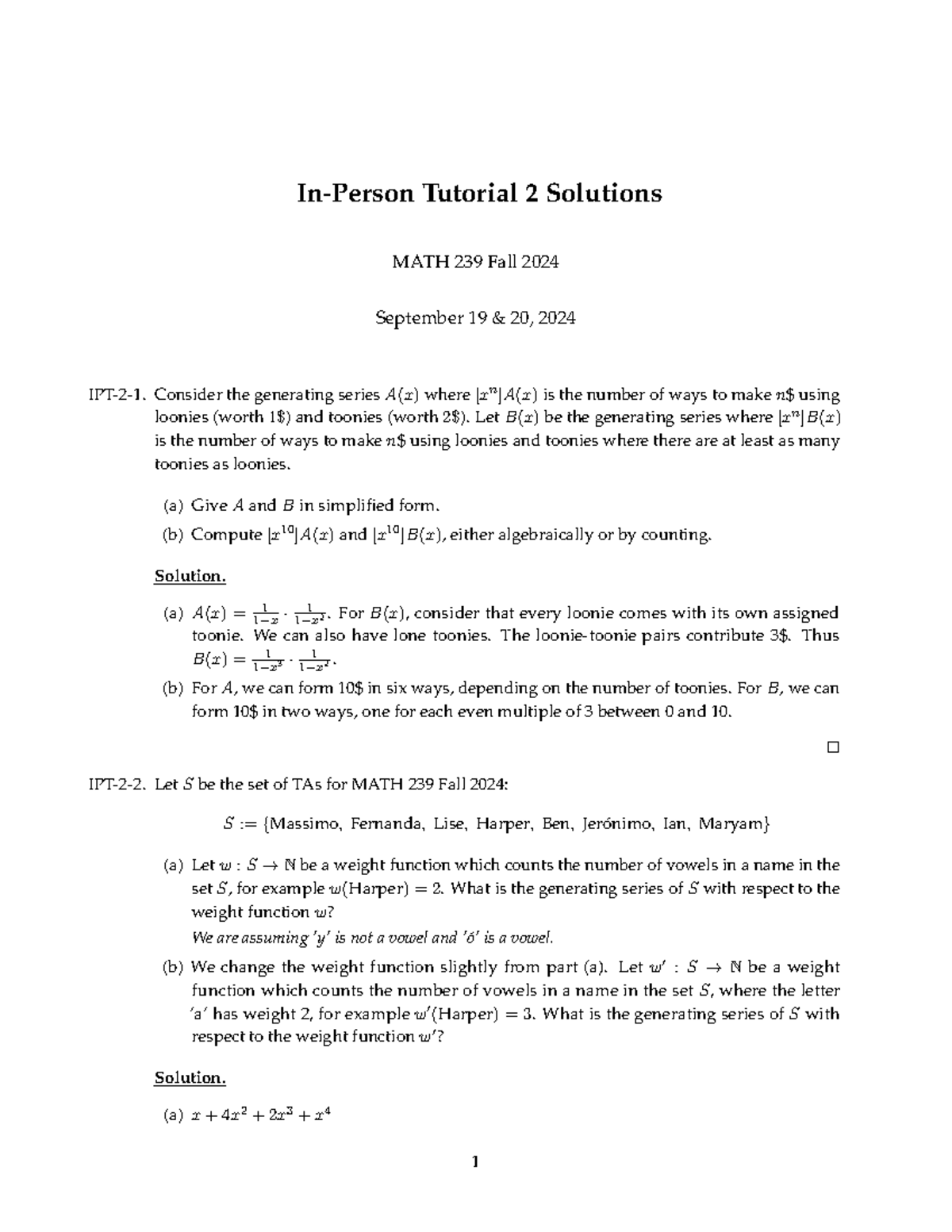 Tutorial 2 - Solutions - In-Person Tutorial 2 Solutions MATH 239 Fall 2024 September 19 & 20 ...