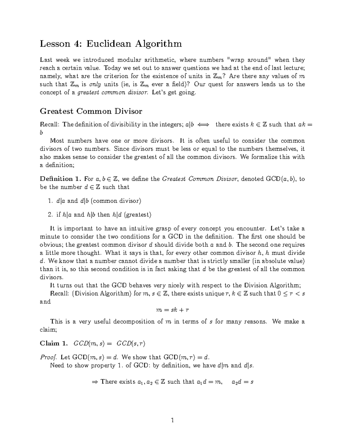 Aandt ~ Lesson 4 Euclidean Algorithm Lesson 4 Euclidean Algorithm Last Week We Introduced
