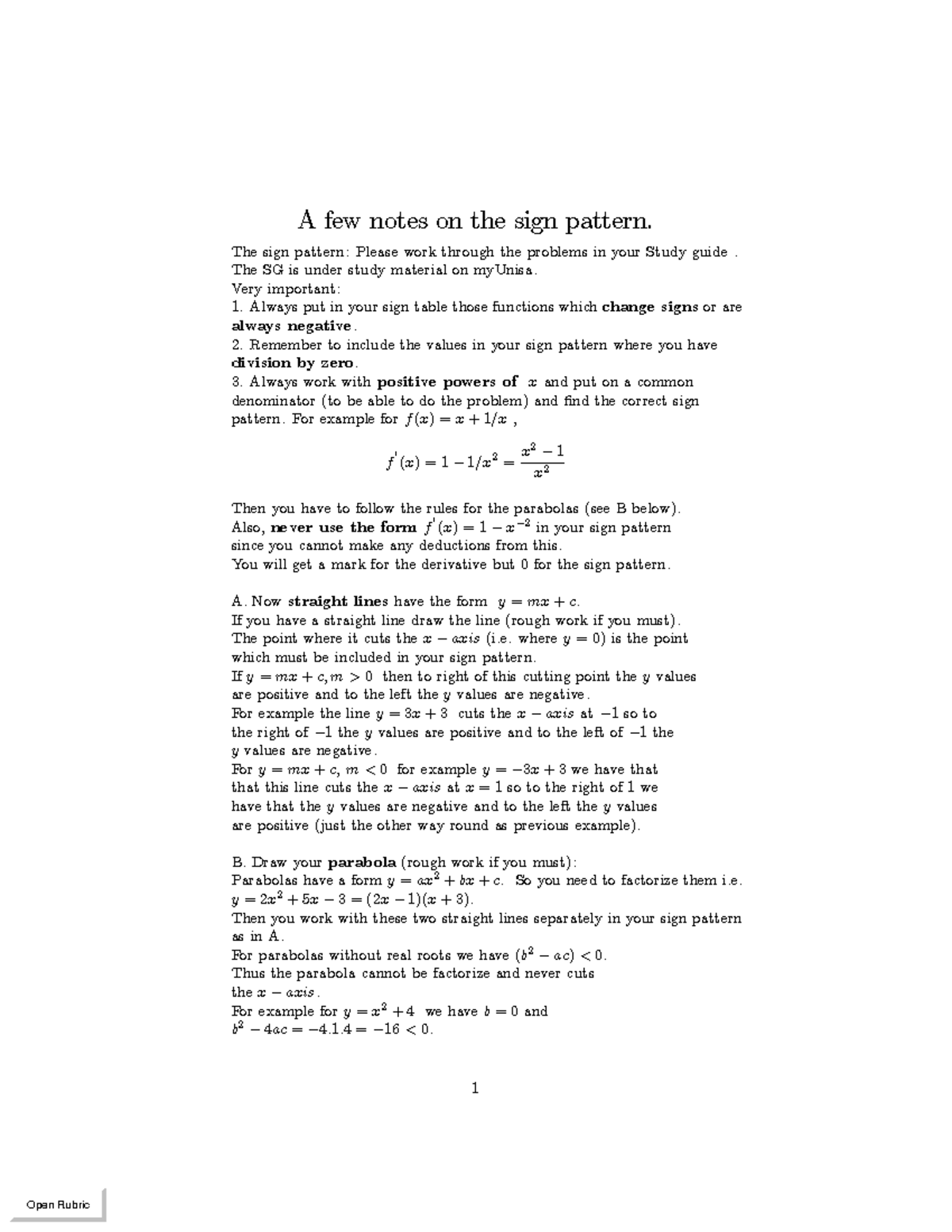 Notes on the sign pattern for Math1613 - A few notes on the sign ...