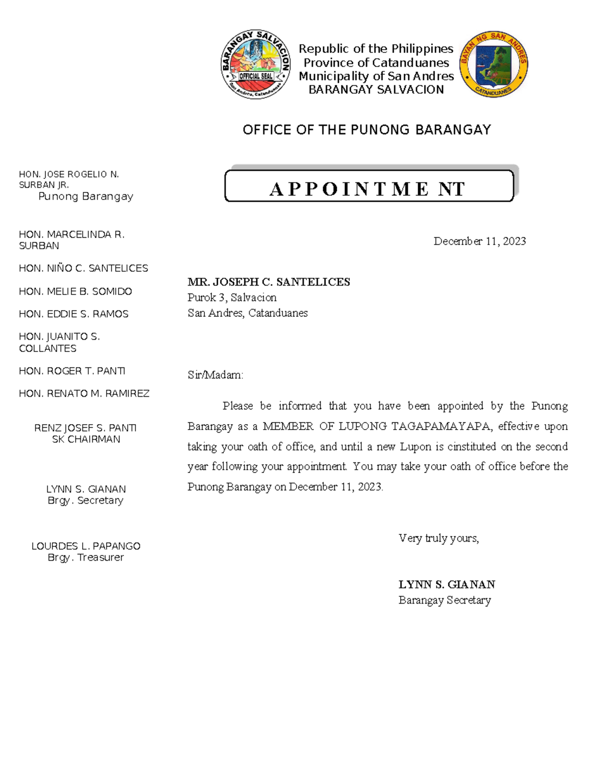 Appointment (Lupon) - OFFICE OF THE PUNONG BARANGAY Province of ...